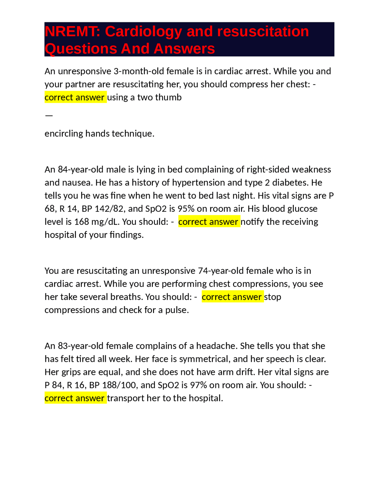 NREMT: Cardiology and resuscitation Questions And Answers | Exams ...