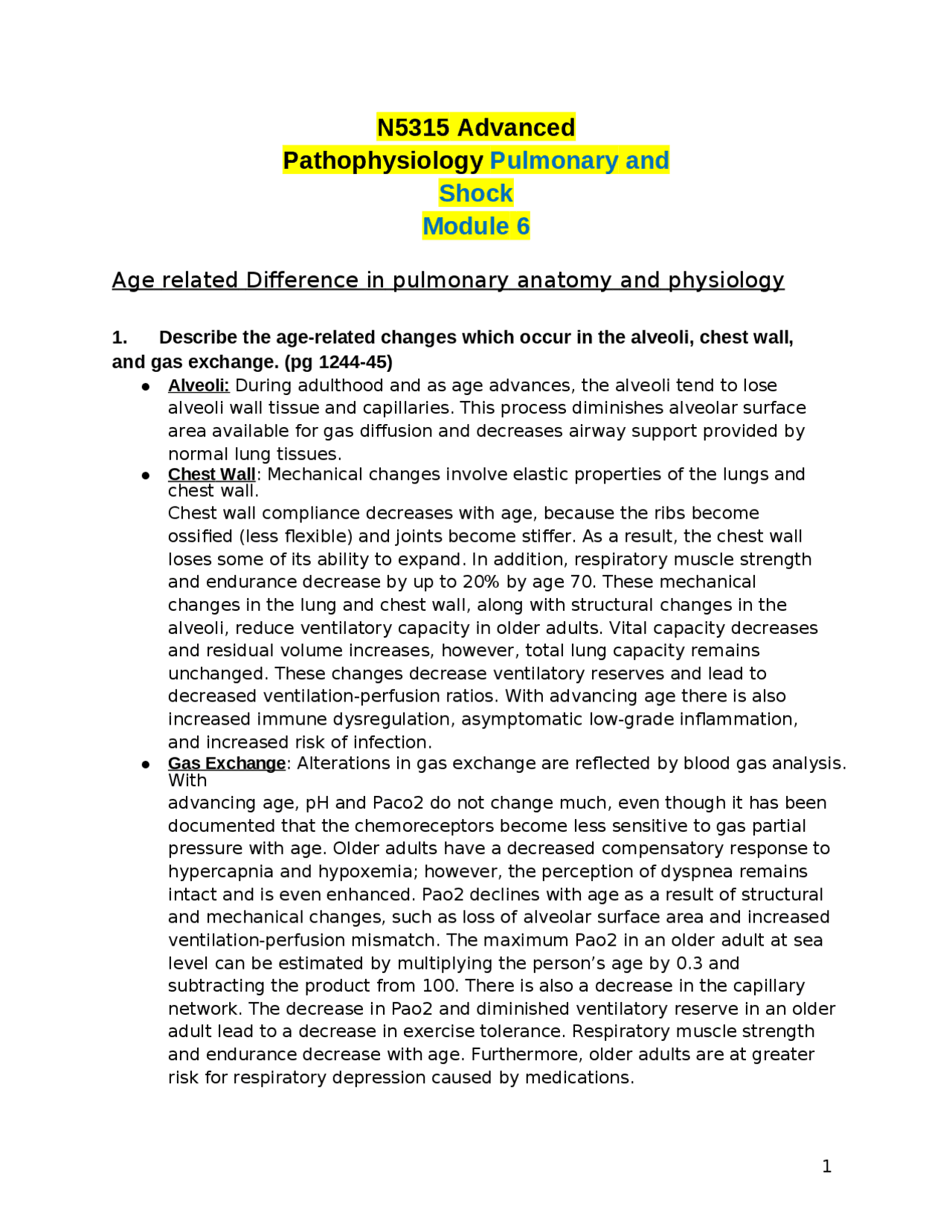 N5315 Advanced Pathophysiology Pulmonary and Shock Module 6 | Study ...