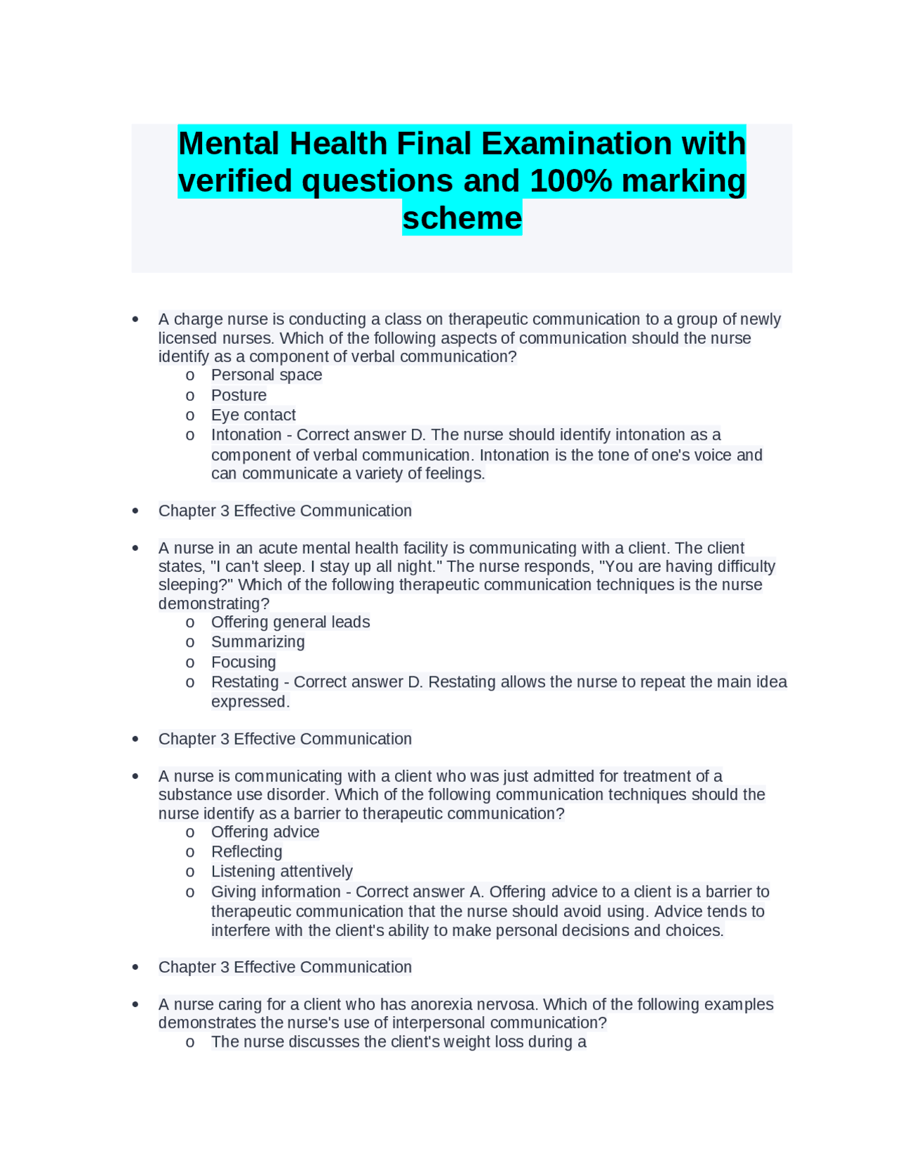 Mental Health Final Examination with verified questions and 100% ...