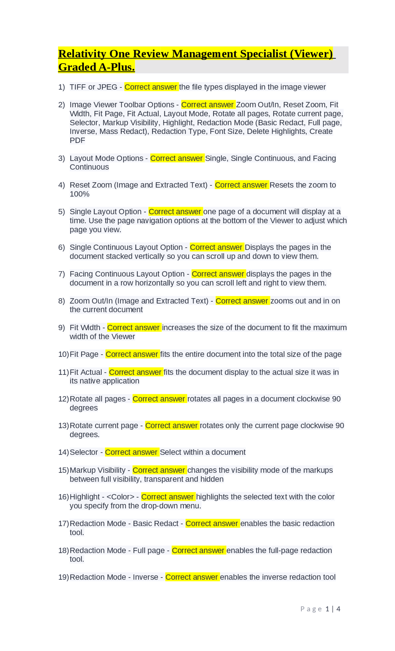 Relativity One Review Management Specialist Viewer Graded A Plus Exams Relativity Theory