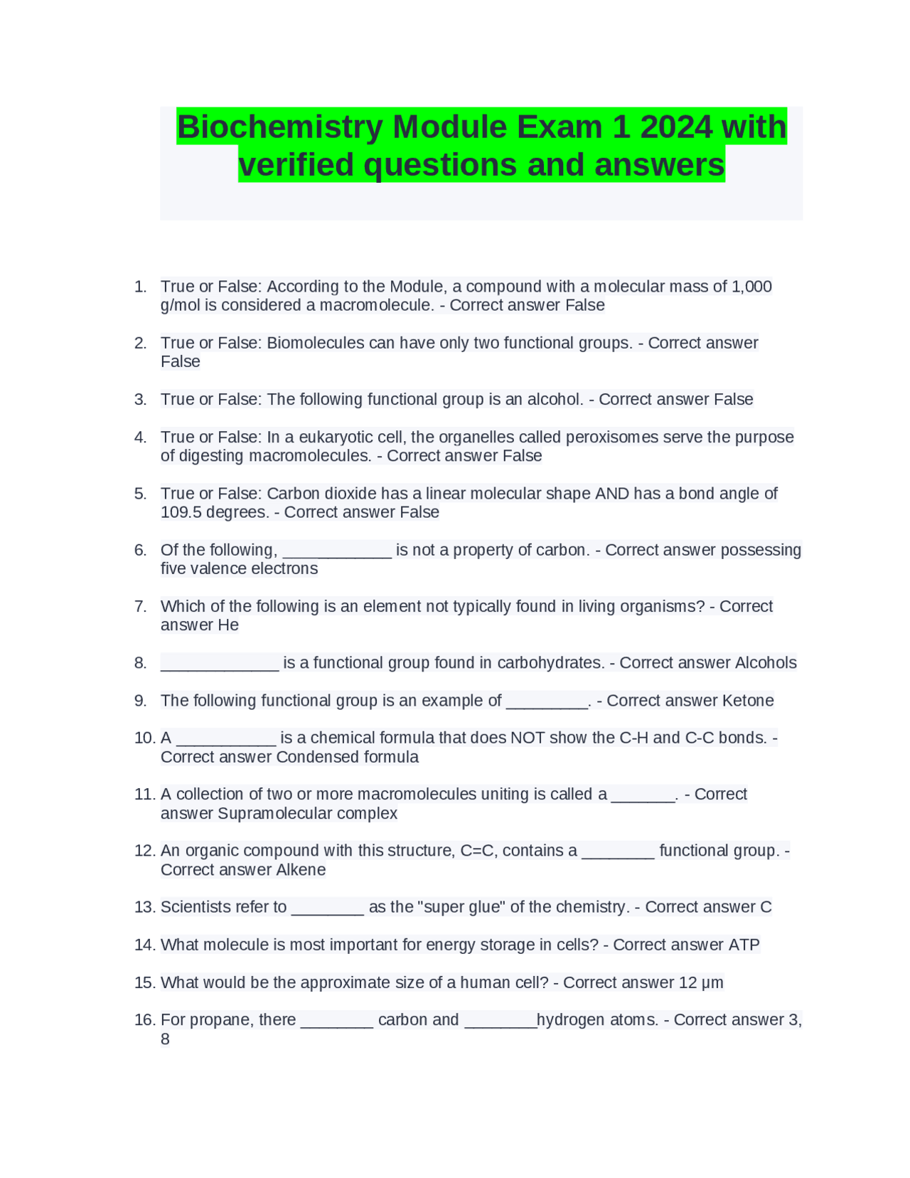 Biochemistry Module Exam 1 2024: Questions and Answers | Exams Nursing ...