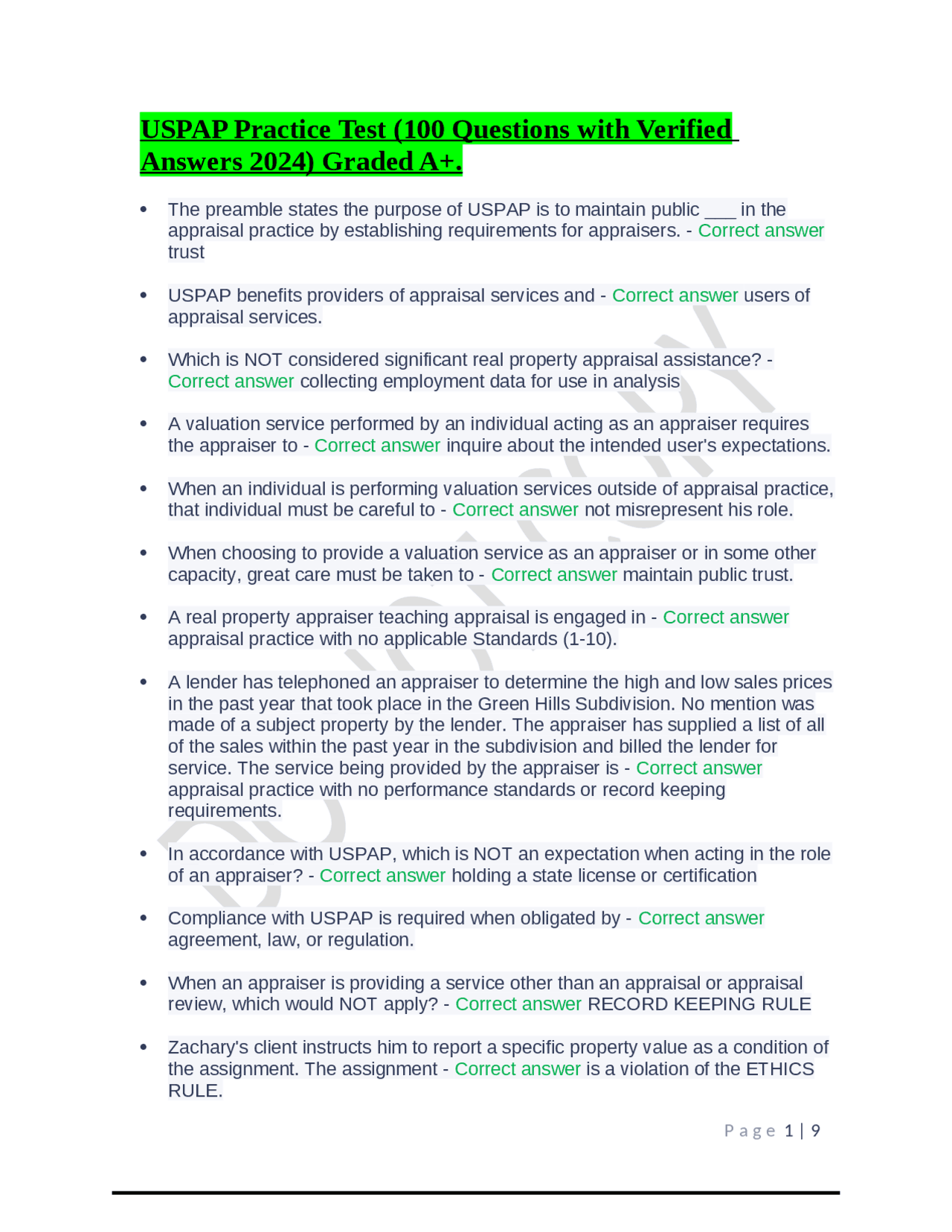 USPAP Practice Test (100 Questions with Verified Answers 2024) Graded ...