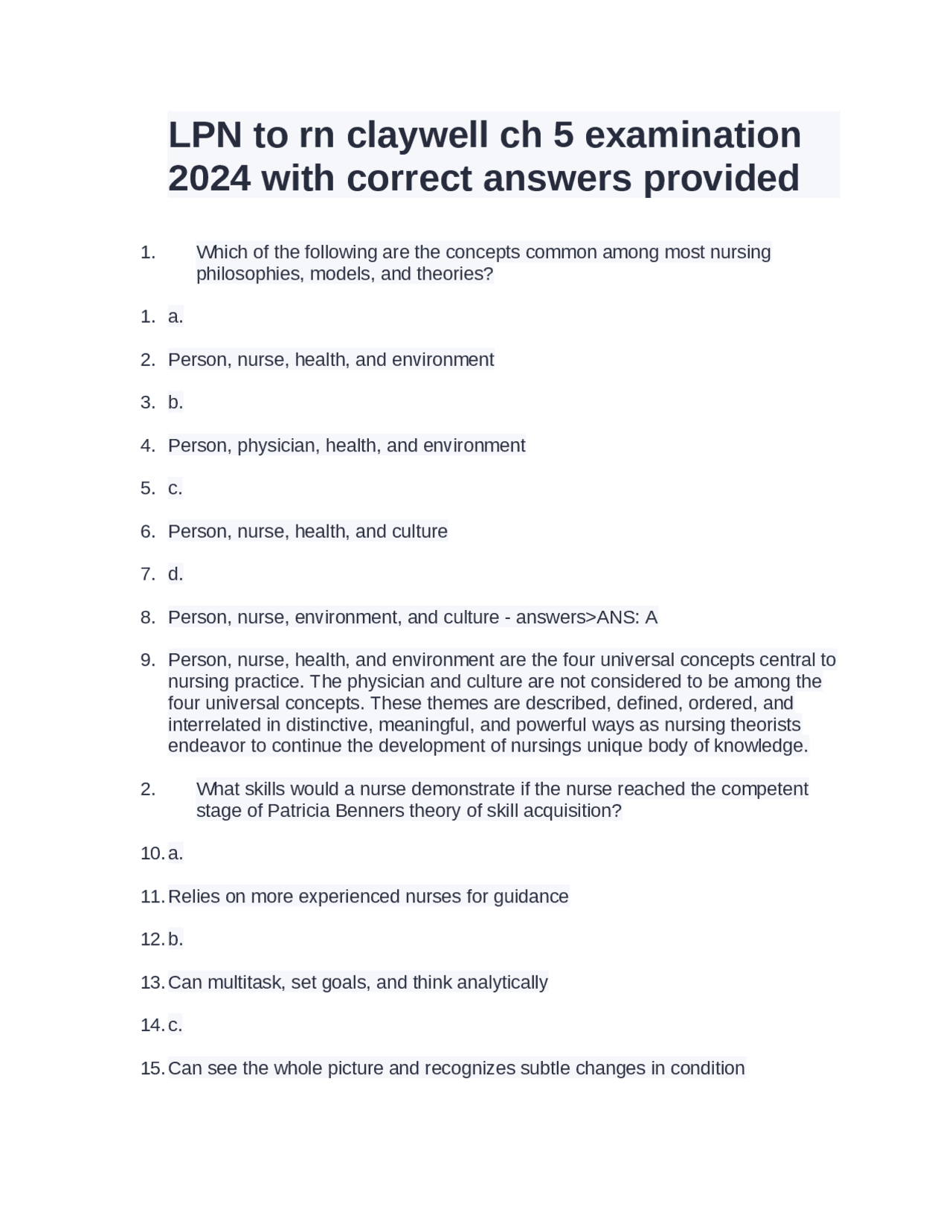 LPN to rn claywell ch 5 examination 2024 with correct answers provided ...