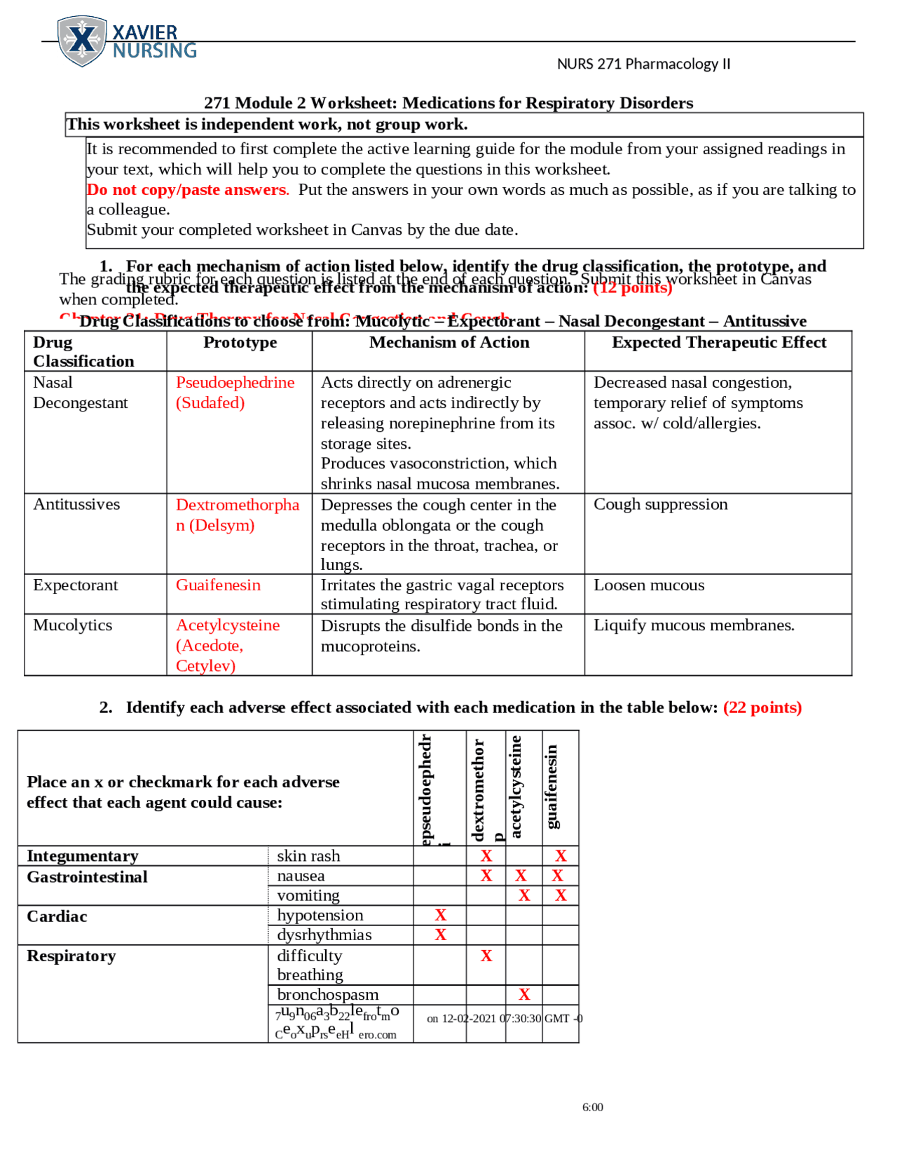 NURS 271 Module 2 Worksheet Medications for Respiratory Disorders ...