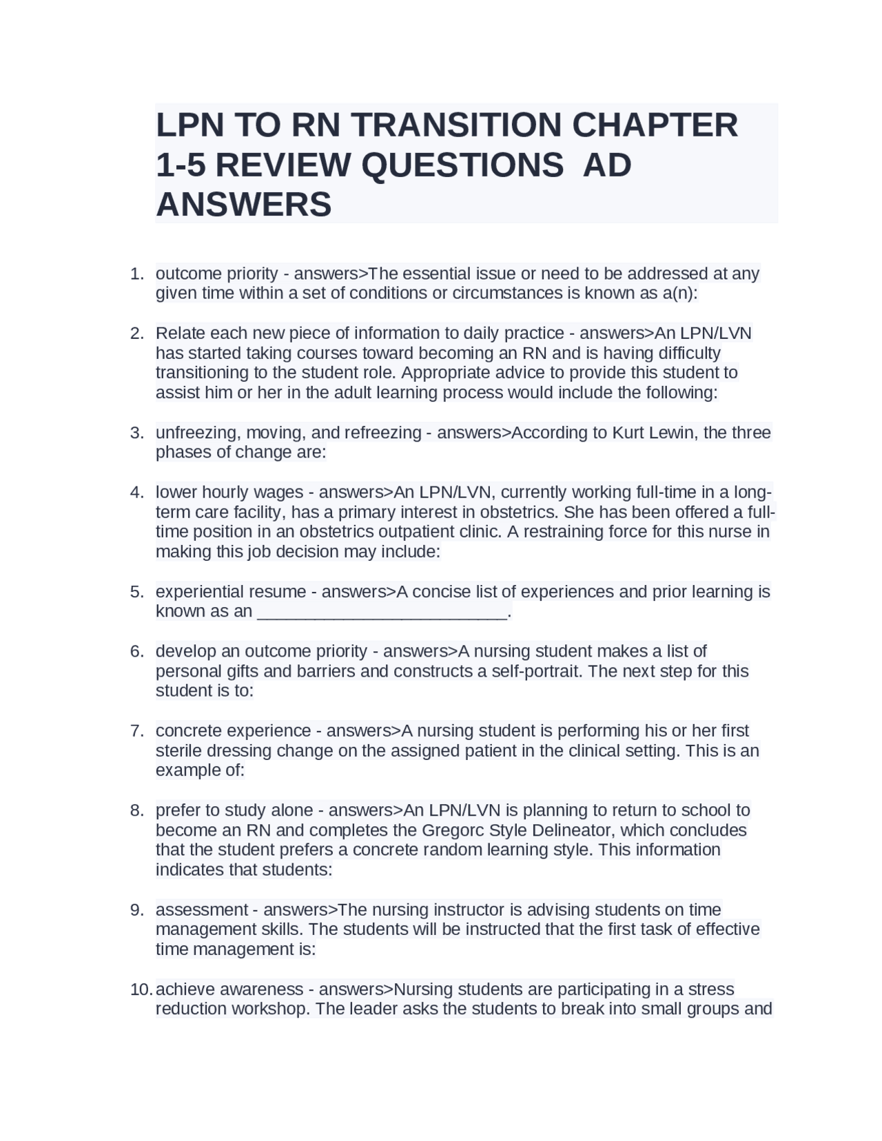 LPN to RN Transition: Review Questions and Answers for Nursing Students ...
