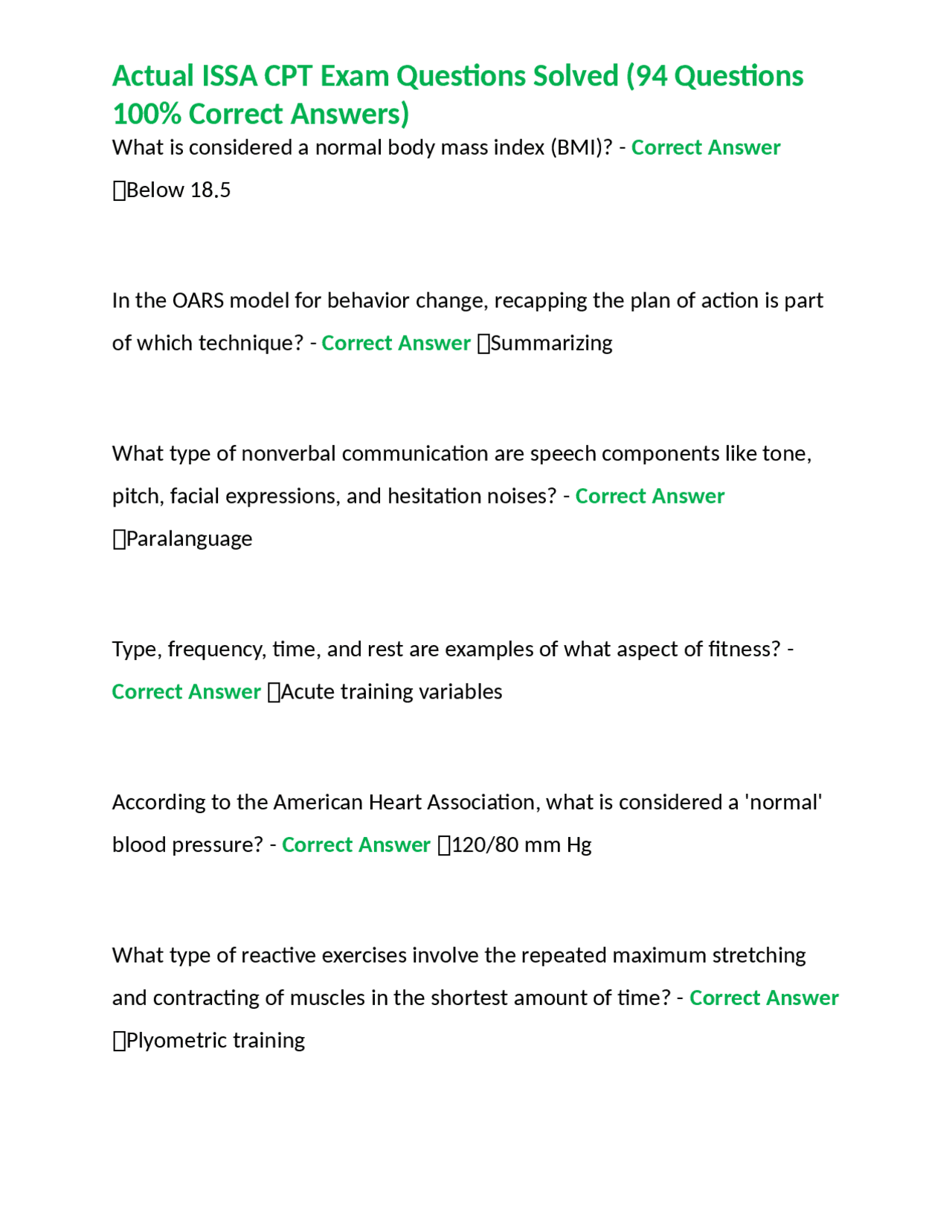 Actual ISSA CPT Exam Questions Solved (94 Questions 100% Correct ...