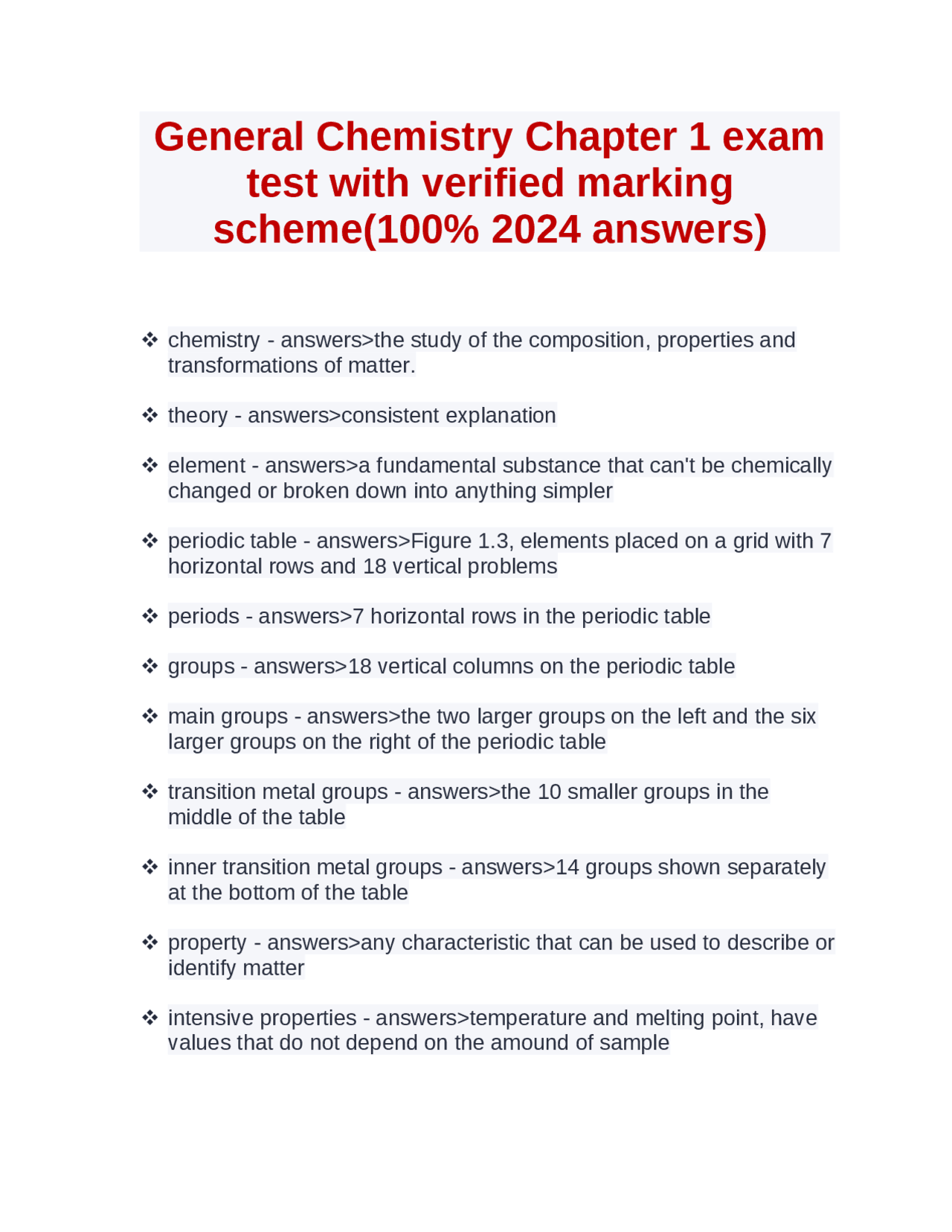 General Chemistry Chapter 1 exam test with verified marking scheme(100% ...