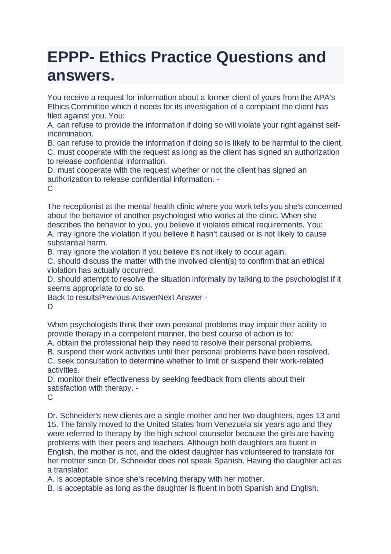 EPPP- Ethics Practice Questions and answers. | Exams Nursing | Docsity