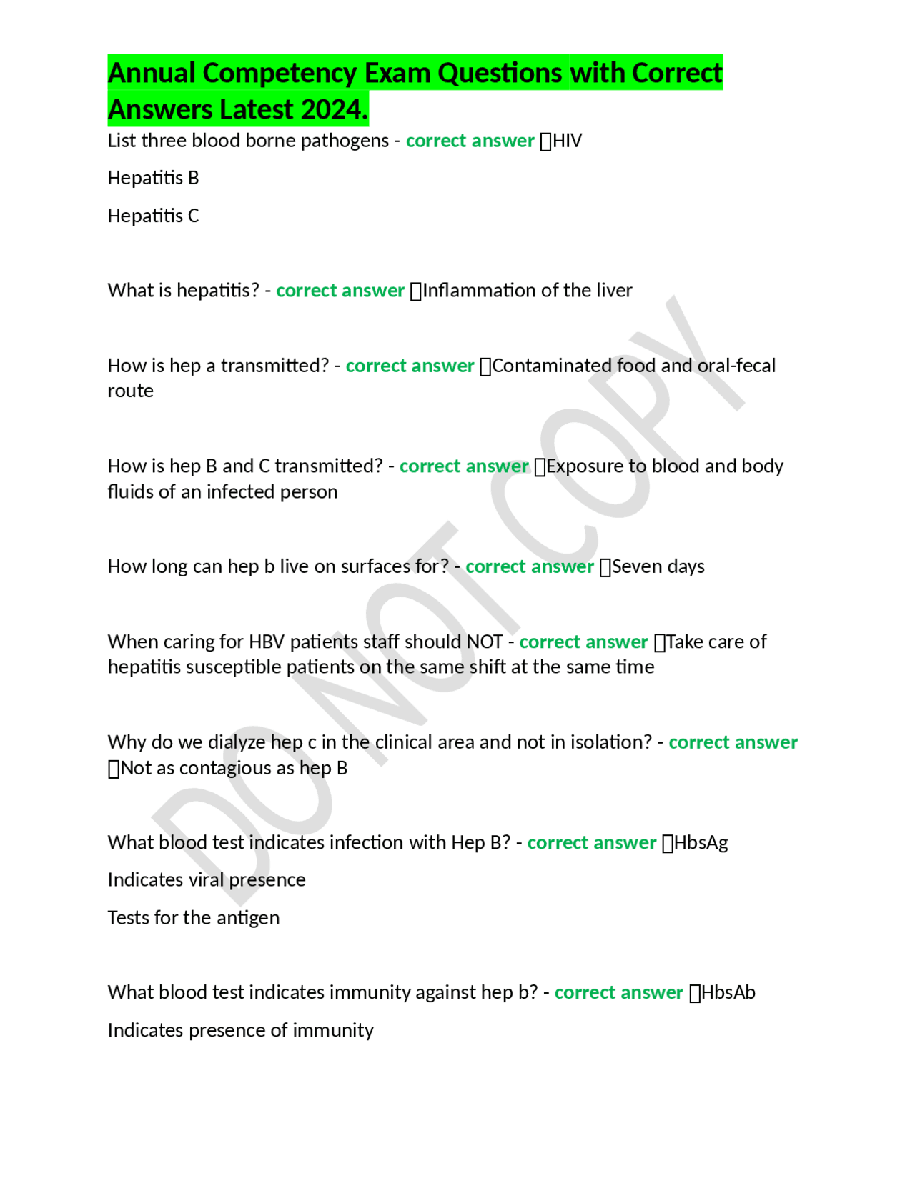 Annual Competency Exam Questions with Correct Answers Latest 2024 ...