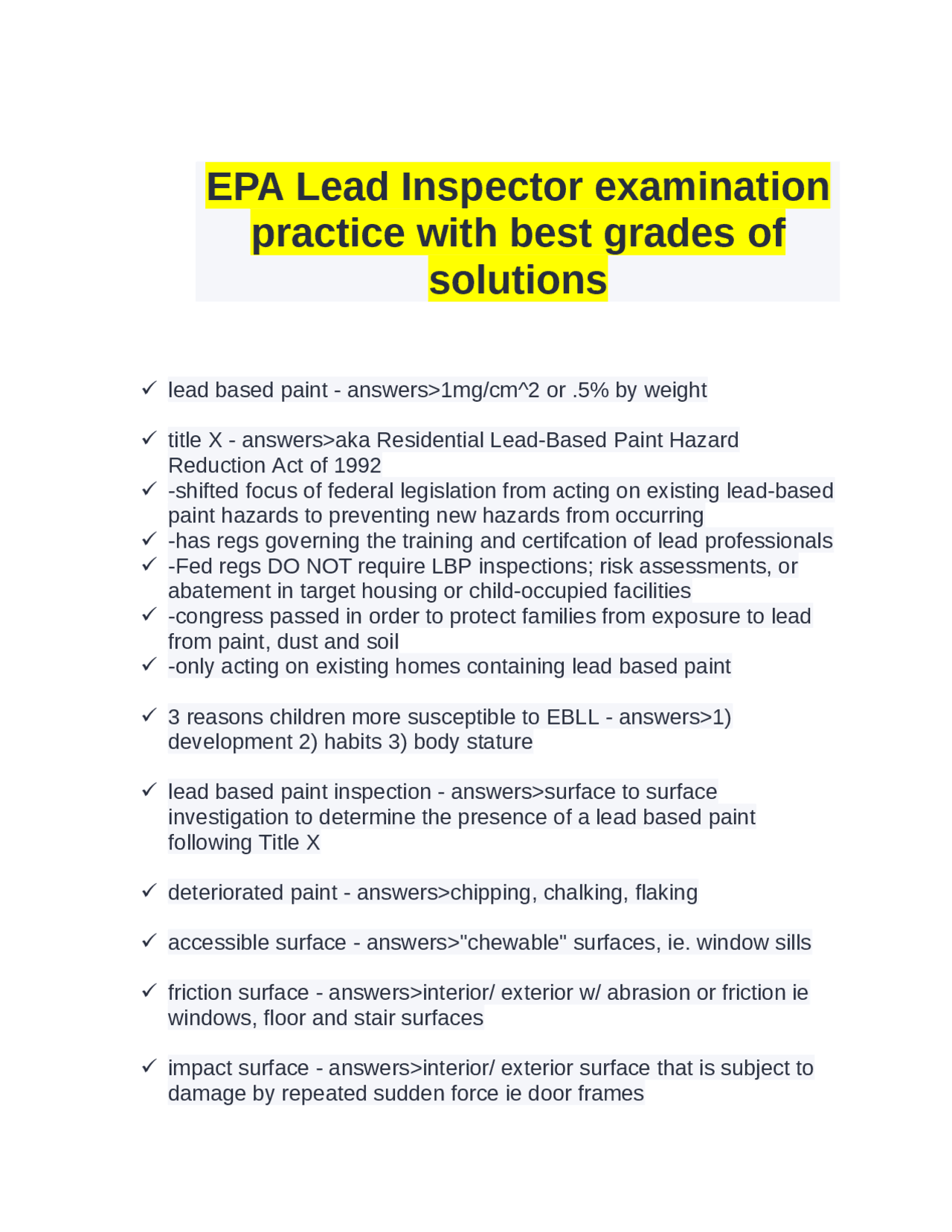 EPA Lead Inspection Examination: Key Concepts and Regulations | Exams ...