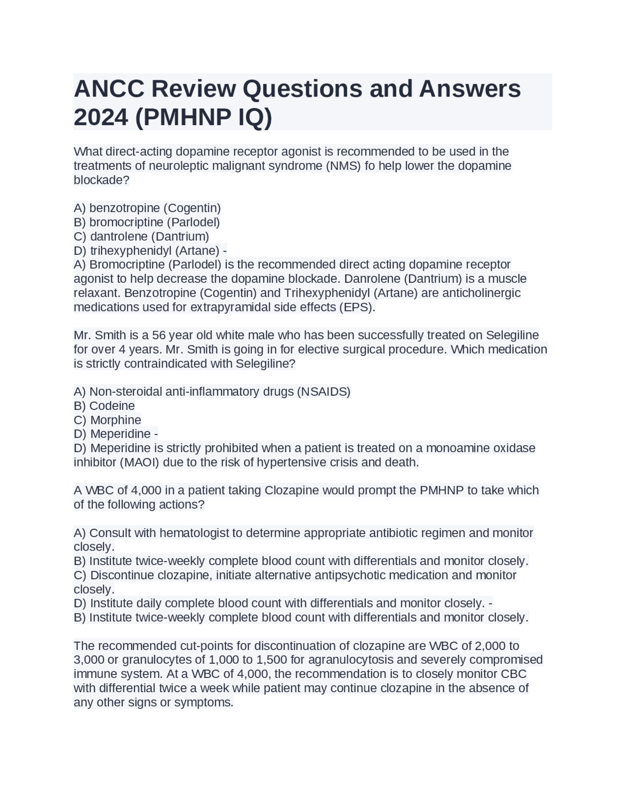 ANCC Review Questions and Answers 2024 (PMHNP IQ) | Exams Nursing | Docsity