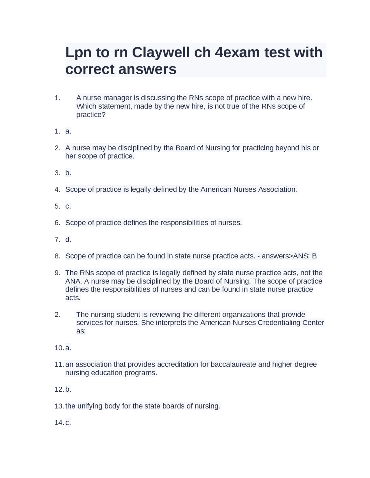 Lpn to rn Claywell ch 4exam test with correct answers | Exams Nursing ...
