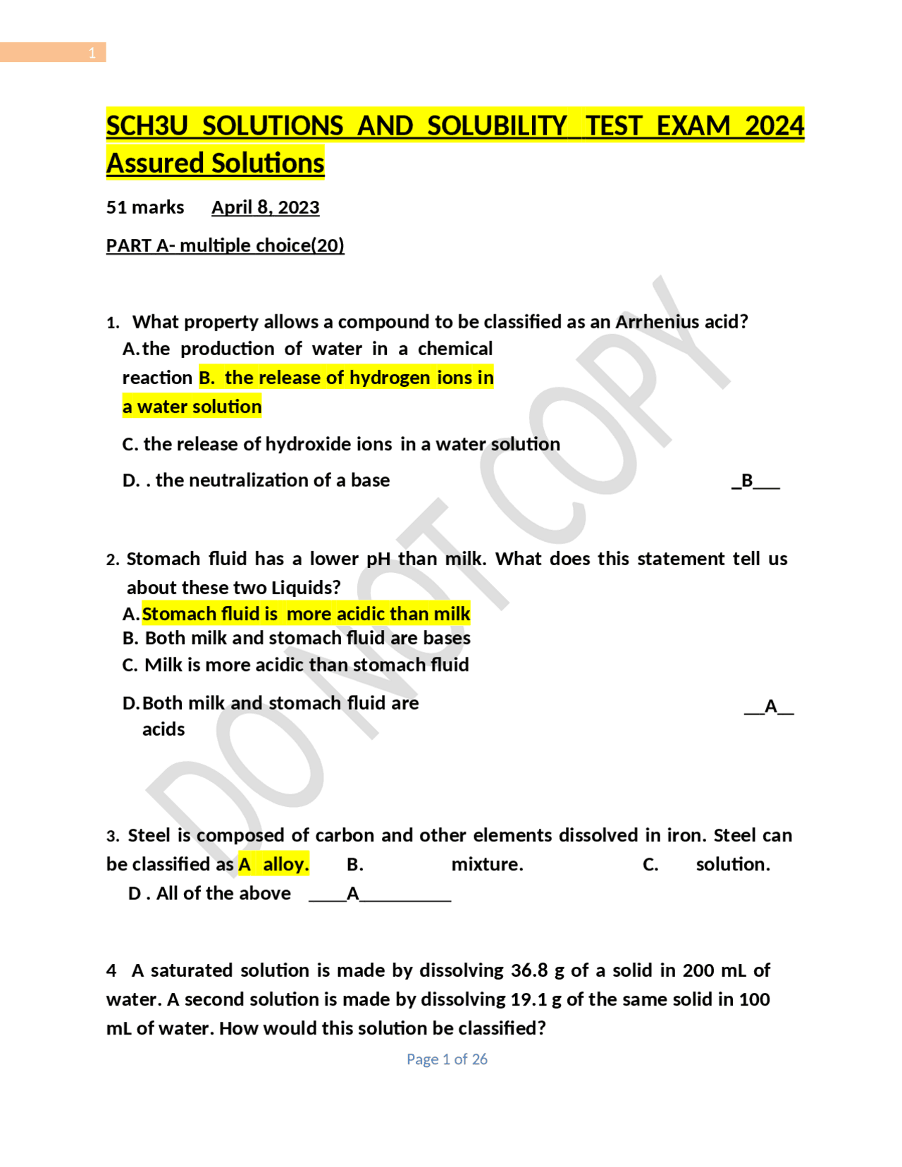 SCH3U Exam 2024: Solutions and Solubility | Exams Chemistry | Docsity