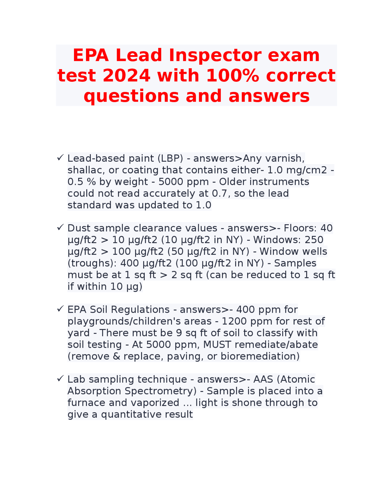 EPA Lead Inspector exam test 2024 with 100% correct questions and ...