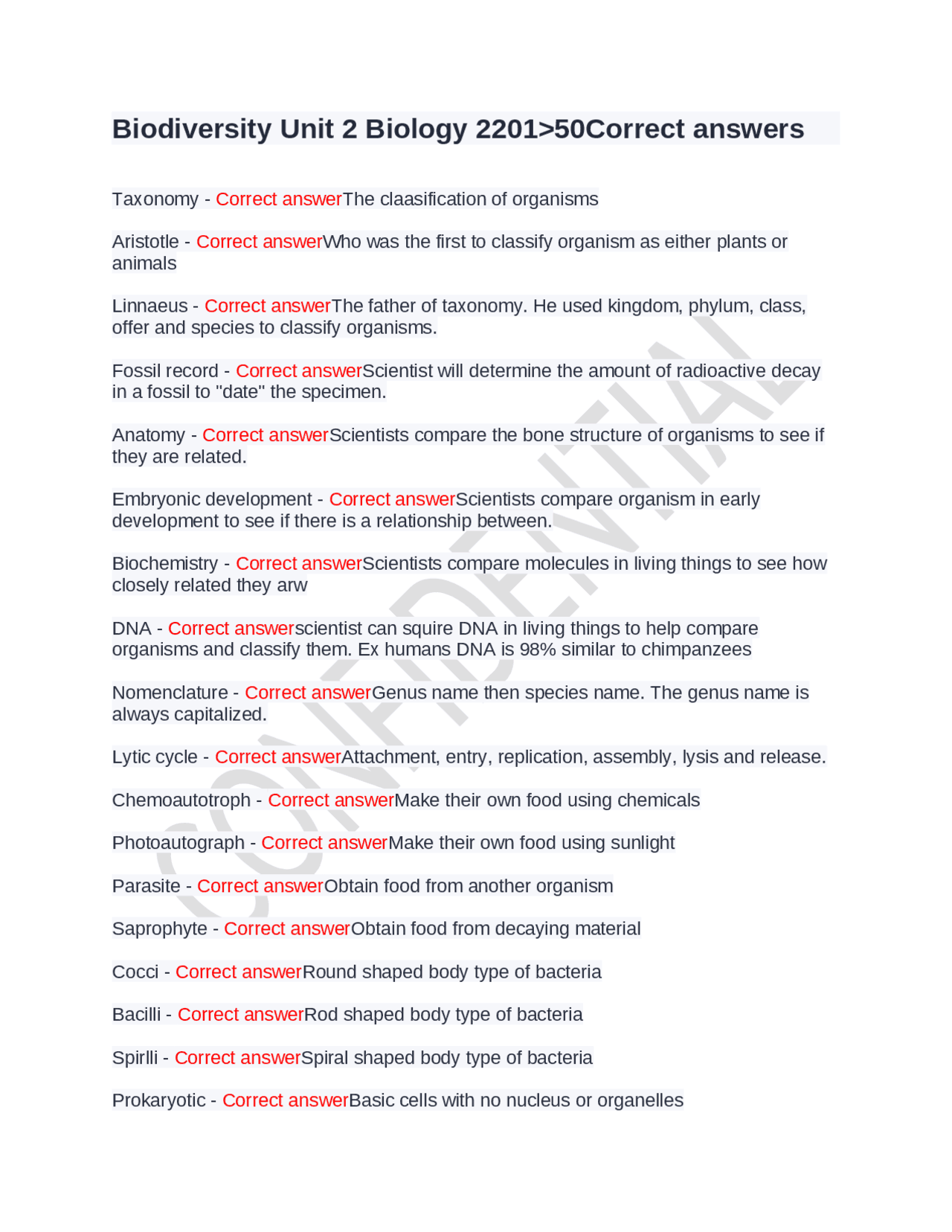 Biology 2201 Unit 2: Biodiversity and Taxonomy | Exams Biology | Docsity
