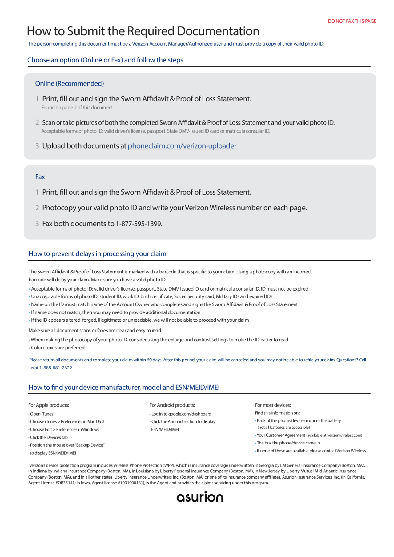 Verizon Wireless Insurance Claim Affidavit & Proof of Loss Statement ...