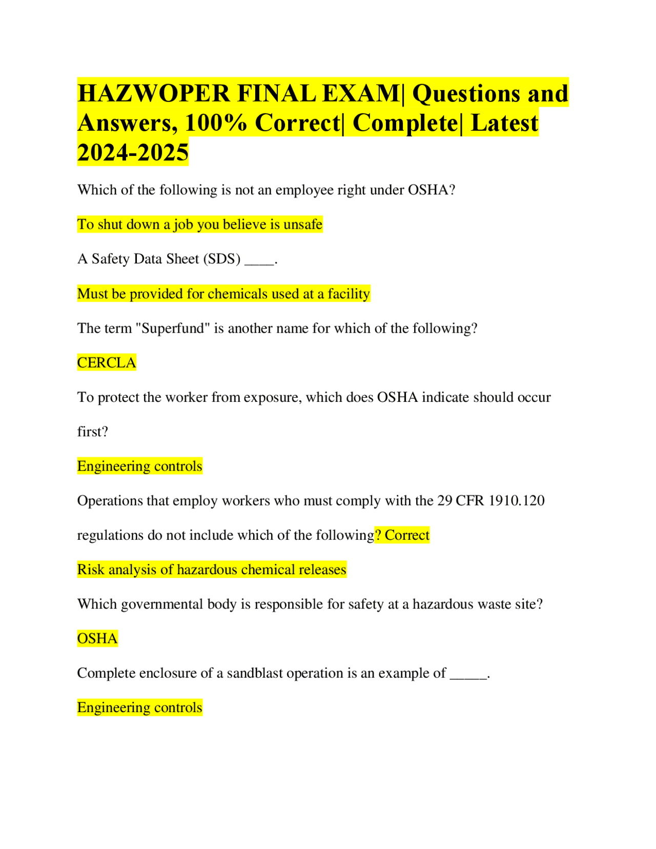 HAZWOPER FINAL EXAM| Questions and Answers, 100% Correct| Complete ...