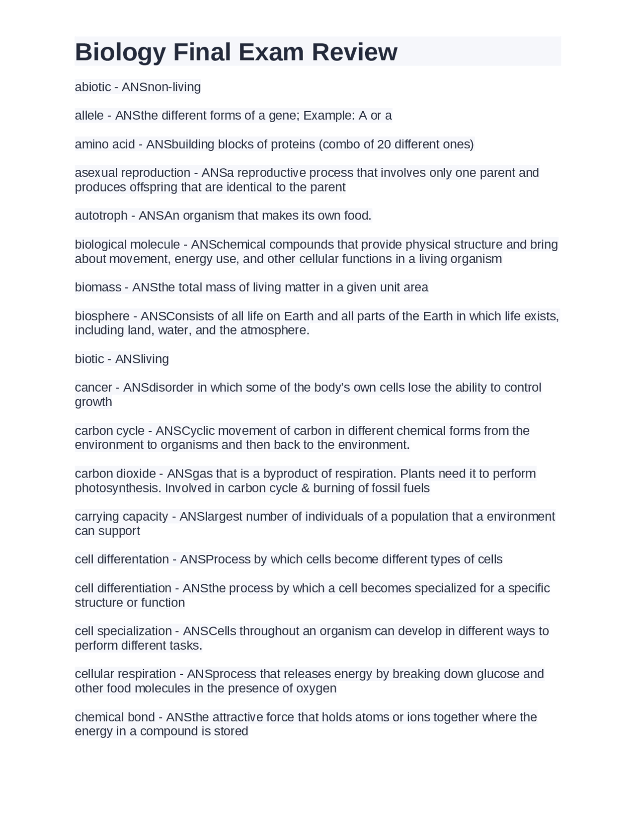 Biology Exam Review: Key Concepts and Definitions | Exams Biology | Docsity