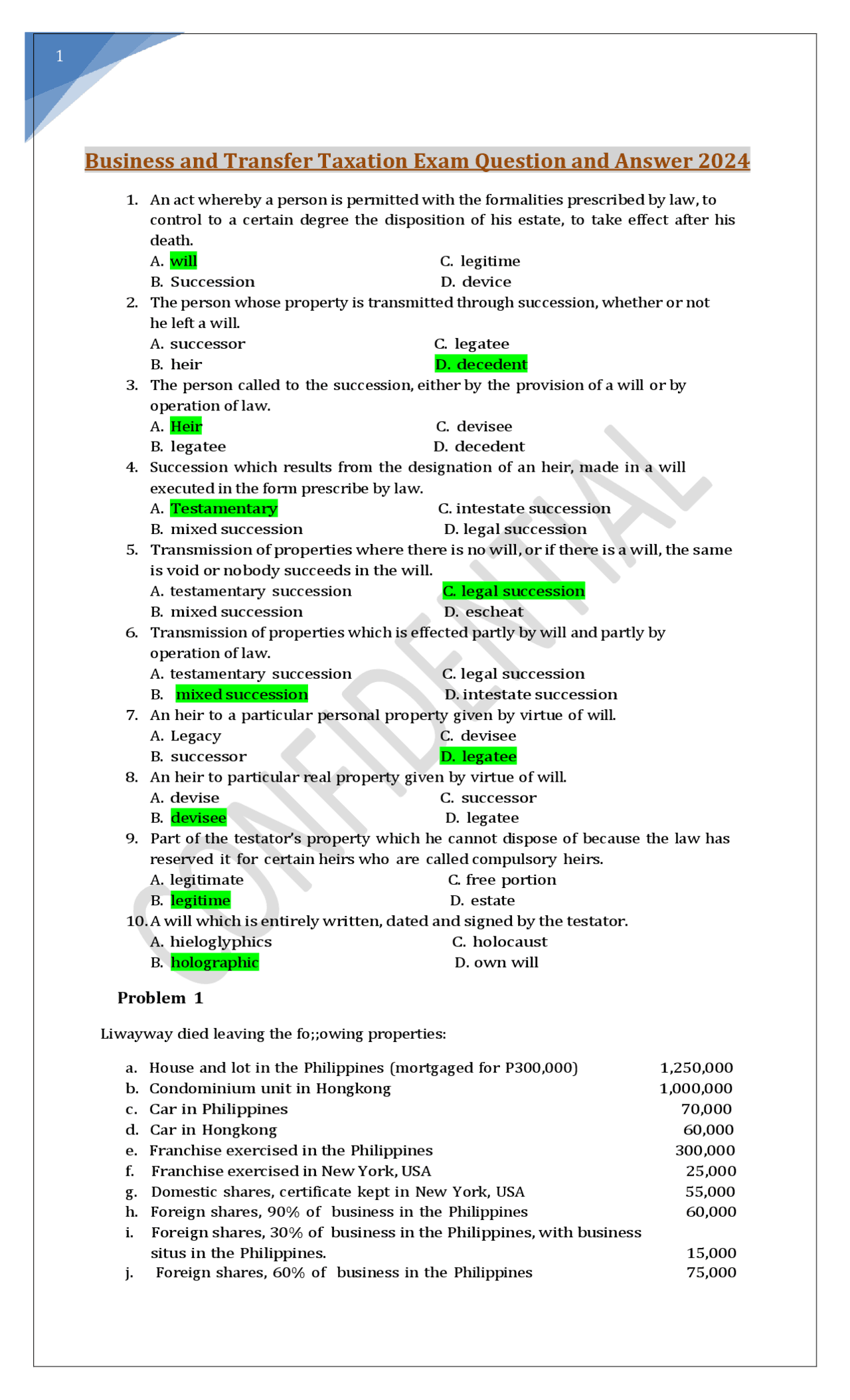 Business and Transfer Taxation Exam Question and Answer 2024.pdf ...