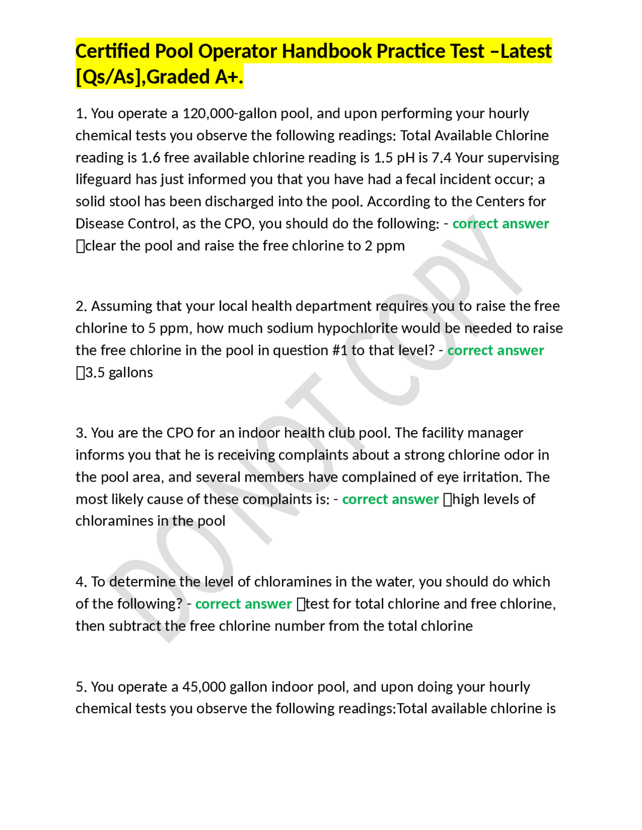 Certified Pool Operator Handbook Practice Test –Latest [Qs/As],Graded ...