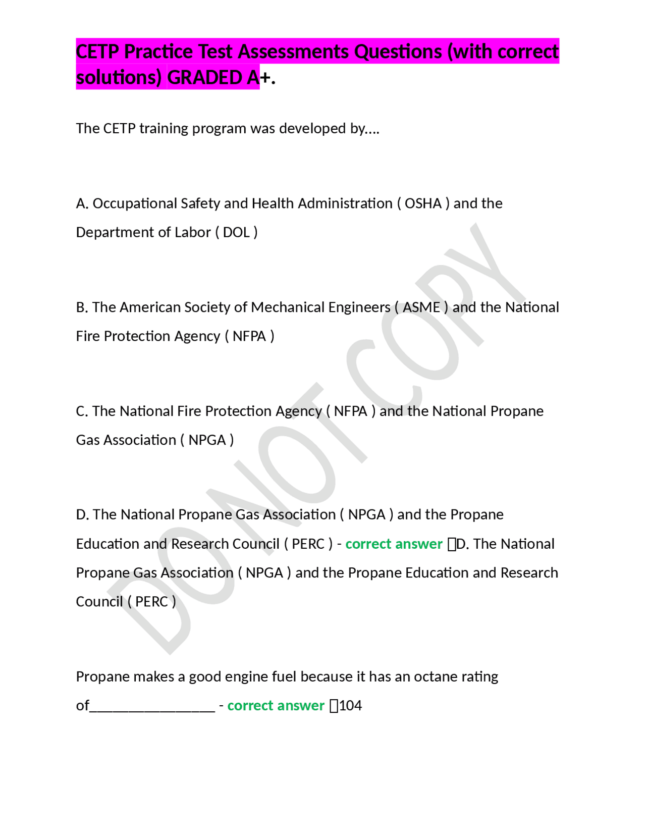 CETP Practice Test Assessments Questions on Propane: Solutions Included ...