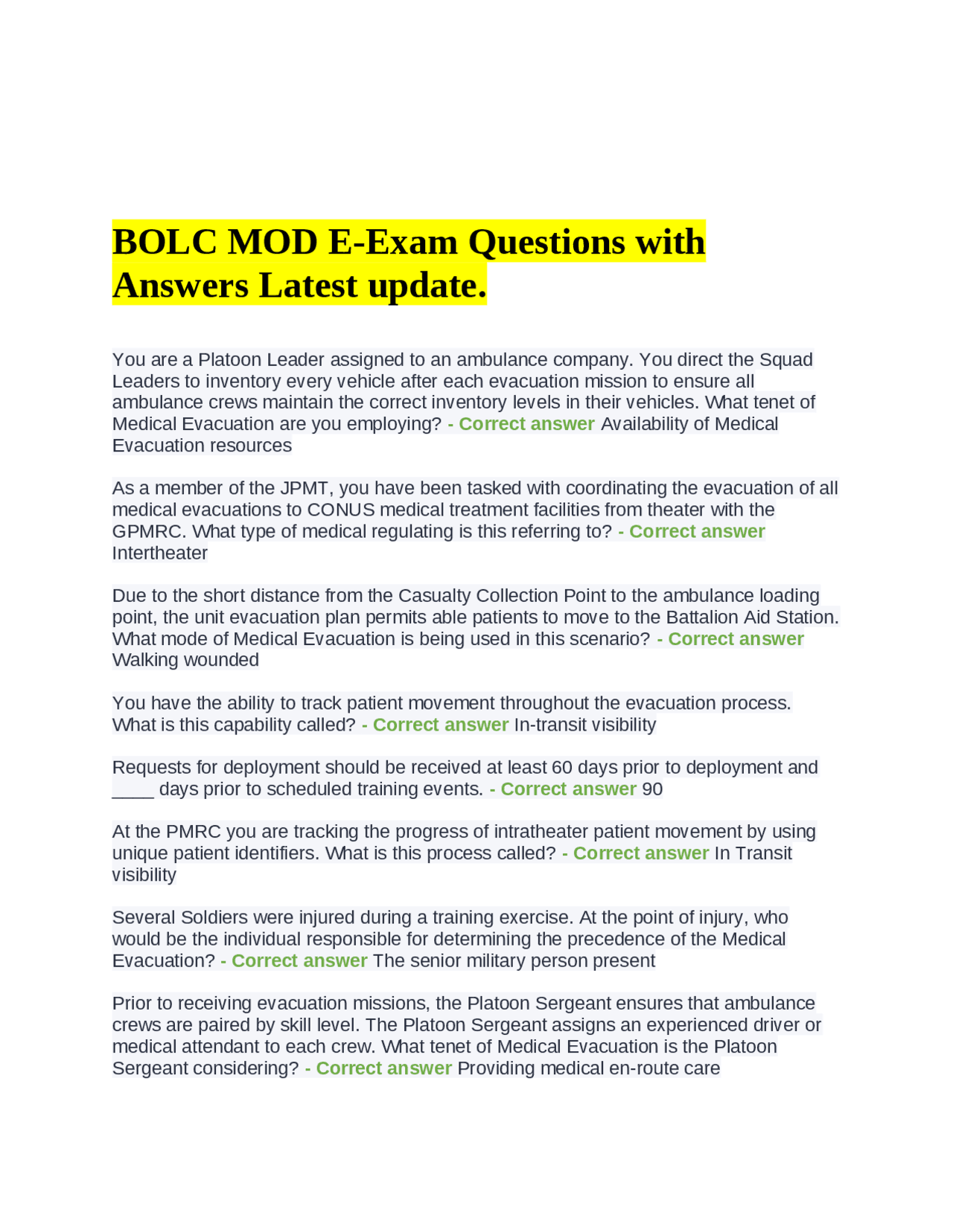 BOLC MOD E-Exam Questions with Answers Latest update. | Exams Nursing ...