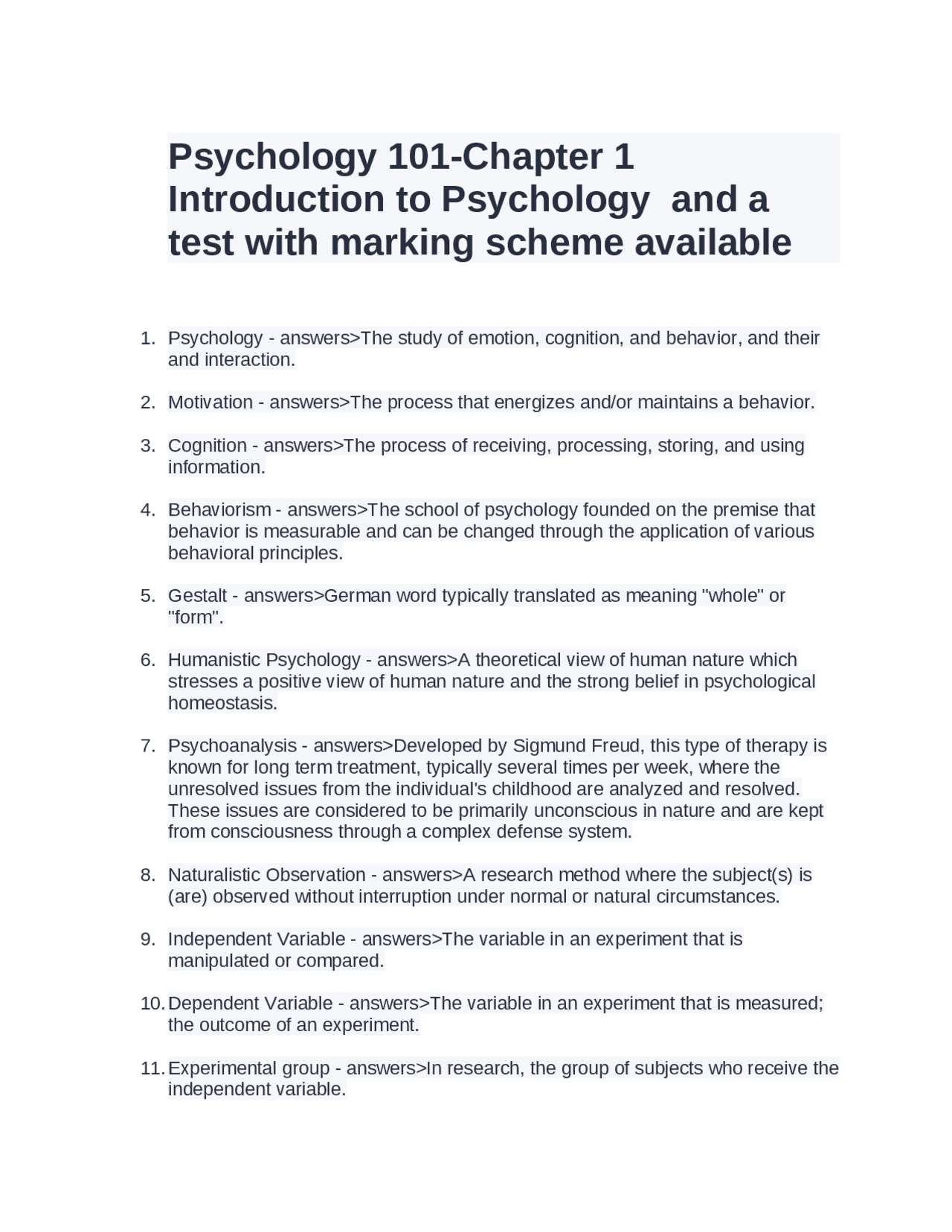Psychology 101-Chapter 1 Introduction to Psychology and a test with ...