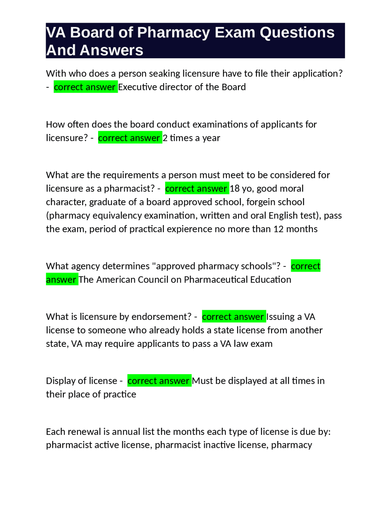 VA Board of Pharmacy Exam Questions and Answers: Pharmacy Regulations ...