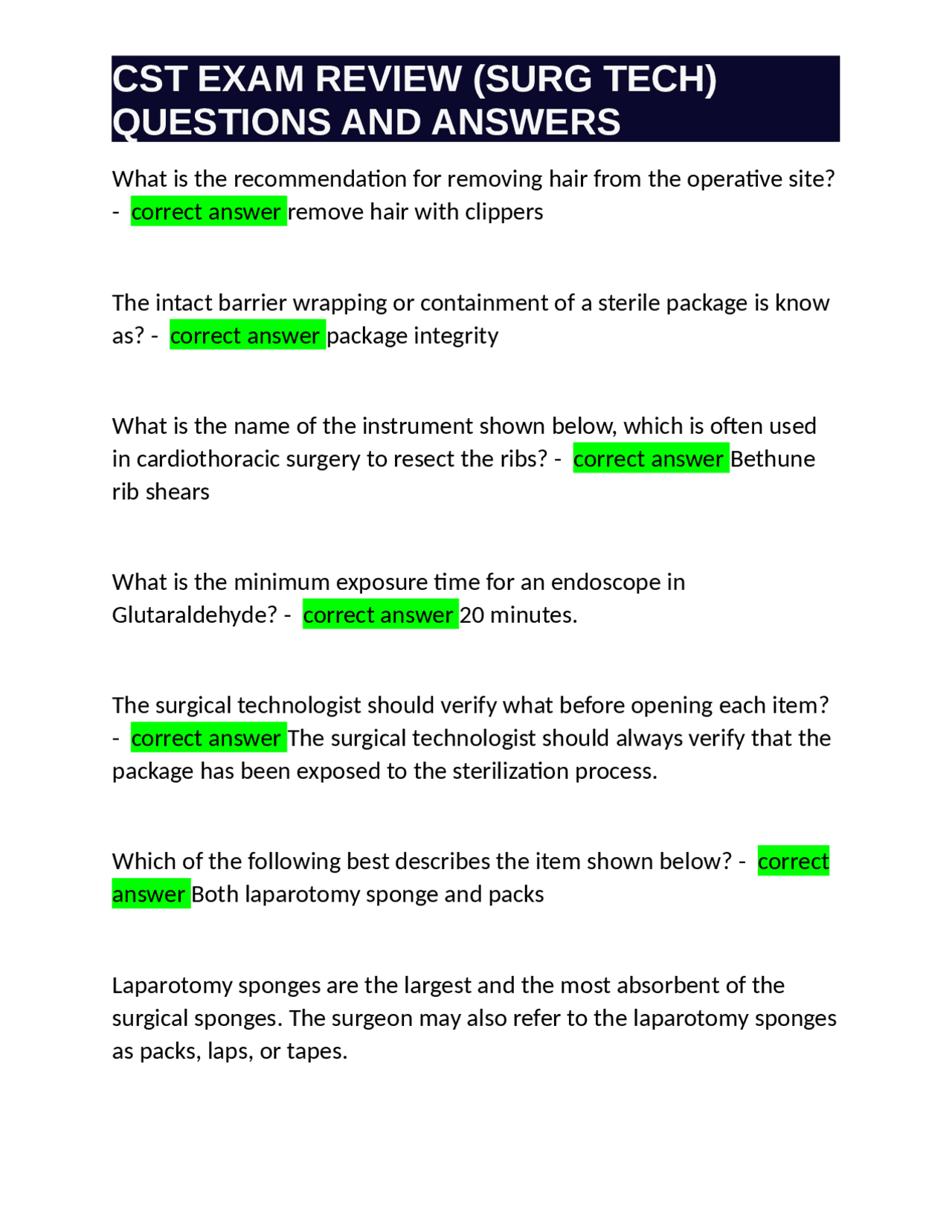 CST EXAM REVIEW (SURG TECH) QUESTIONS AND ANSWERS | Exams Medicine ...