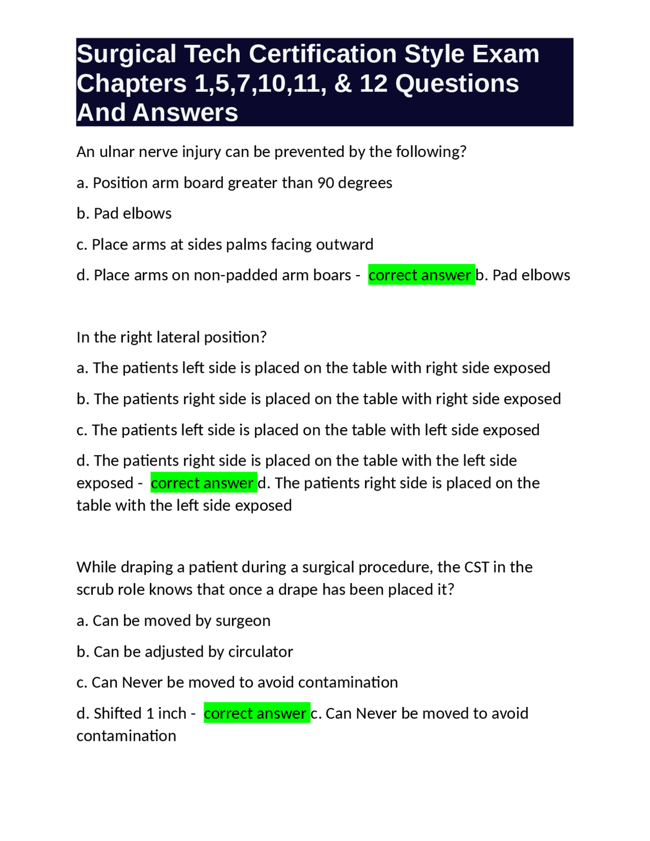 Surgical Tech Certification Style Exam Chapters 1,5,7,10,11, & 12 ...