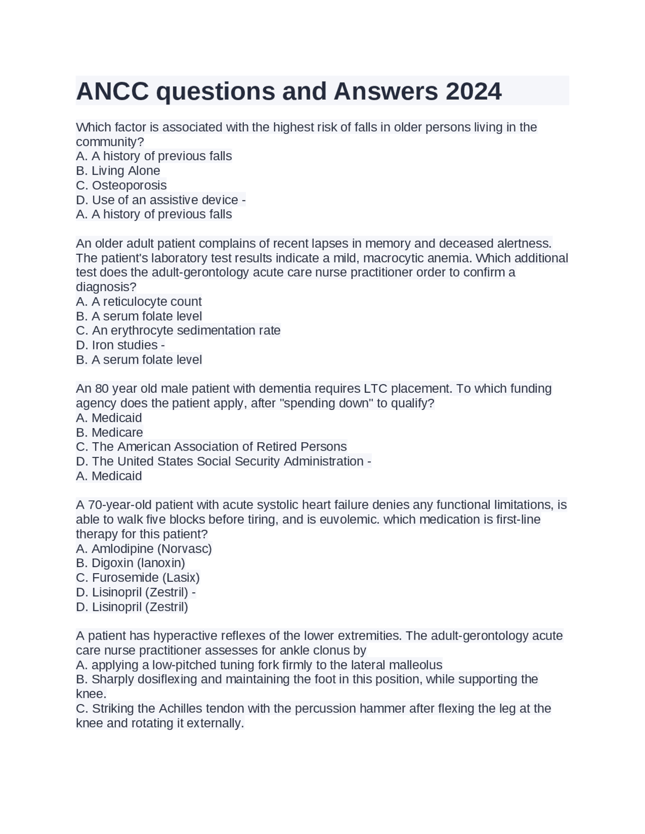 ANCC questions and Answers 2024 | Exams Nursing | Docsity