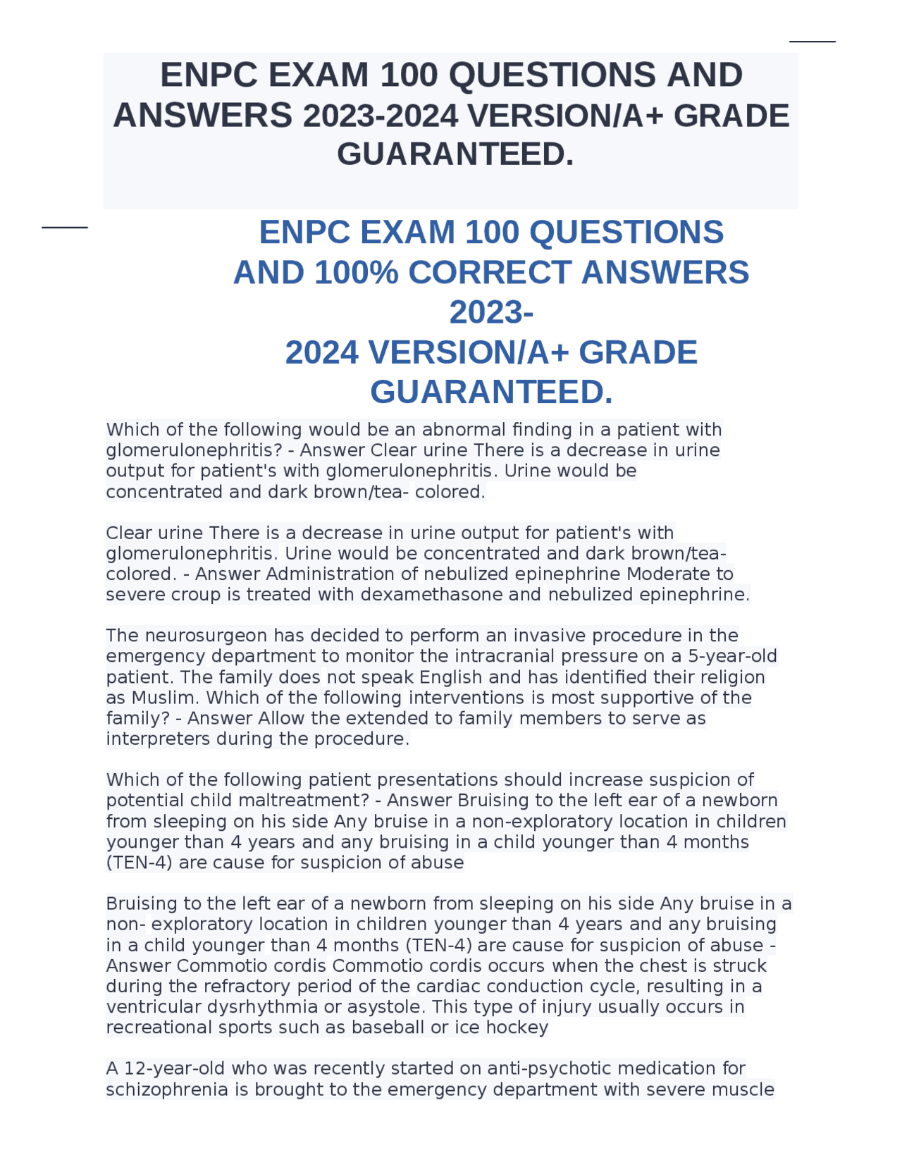 ENPC Exam 100 Questions and Answers: Pediatric Emergencies 2023-2024 ...