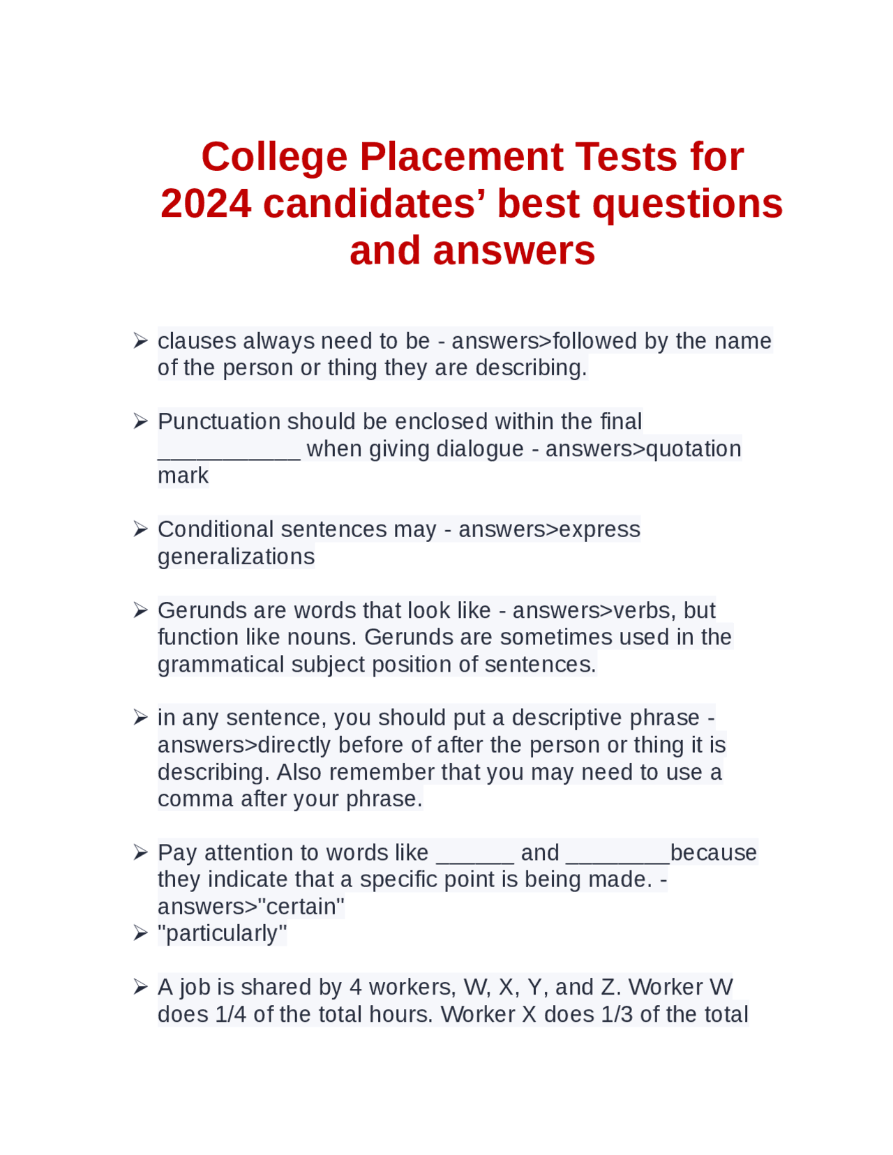 College Placement Tests for 2024 candidates’ best questions and answers ...