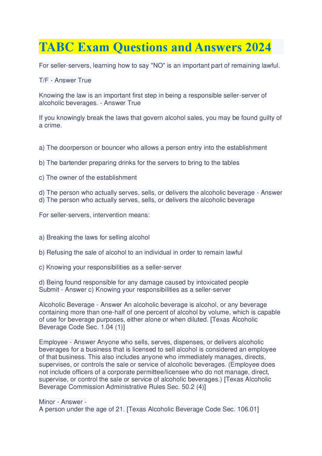 Tabc Exam Questions And Answers 2024 Exams Nursing Docsity