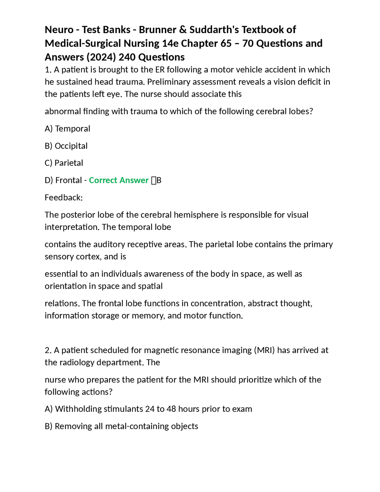 Neuro - Test Banks - Brunner & Suddarth's Textbook of Medical-Surgical ...
