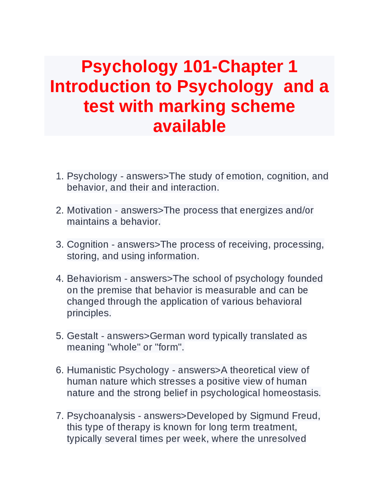 Psychology 101-Chapter 1 Introduction to Psychology and a test with ...