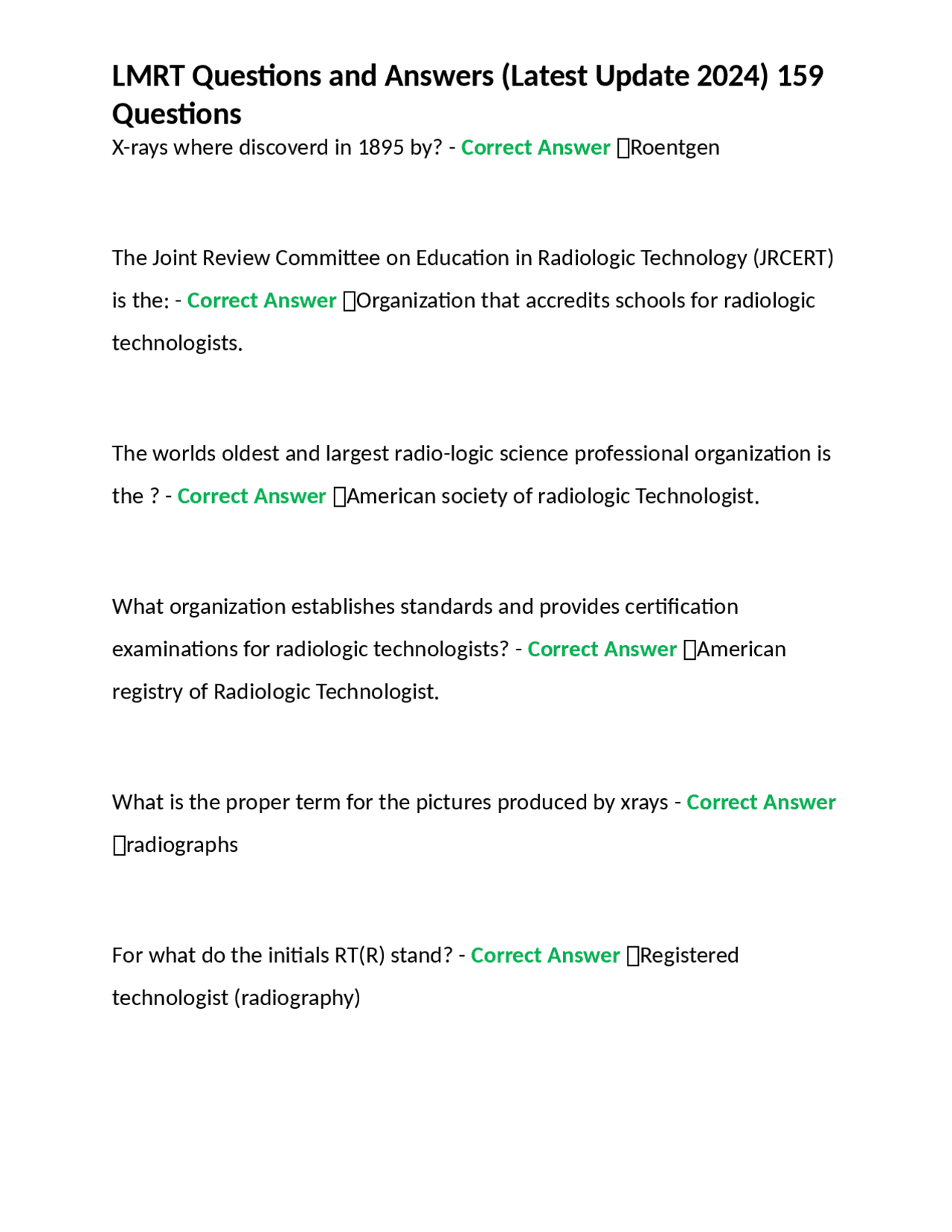 LMRT Questions and Answers (Latest Update 2024) - Radiology Exam ...