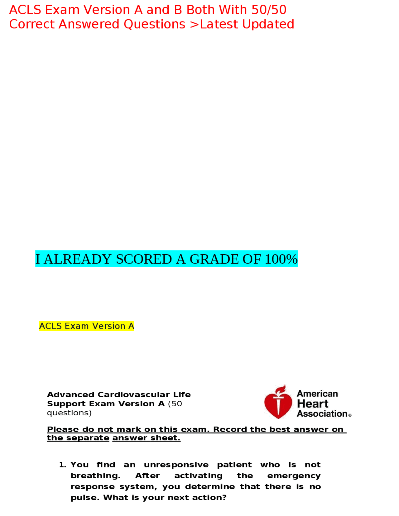 ACLS Exam Version A and B 2023-2024 (100questions with 100% correct ...