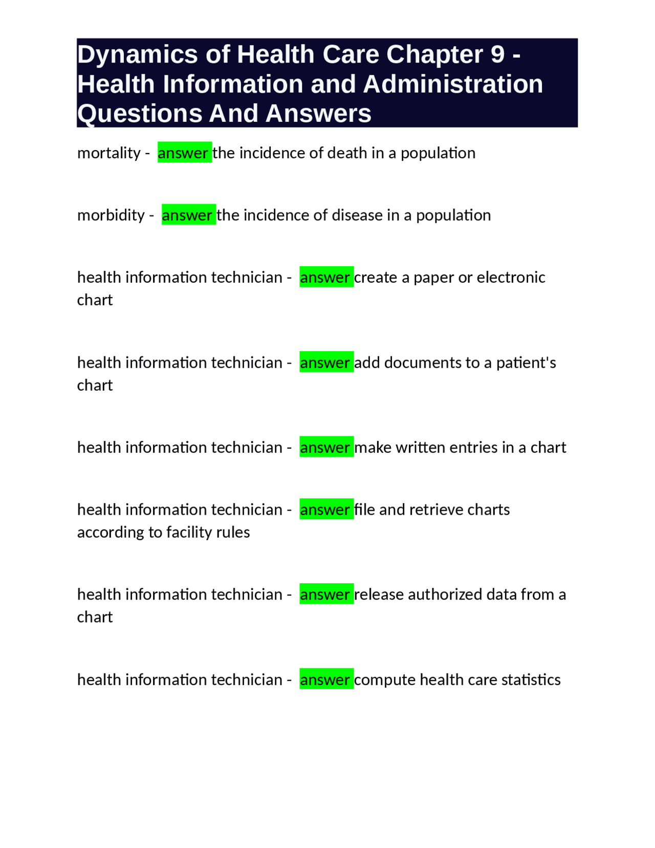 Dynamics of Health Care Chapter 9 - Health Information and ...