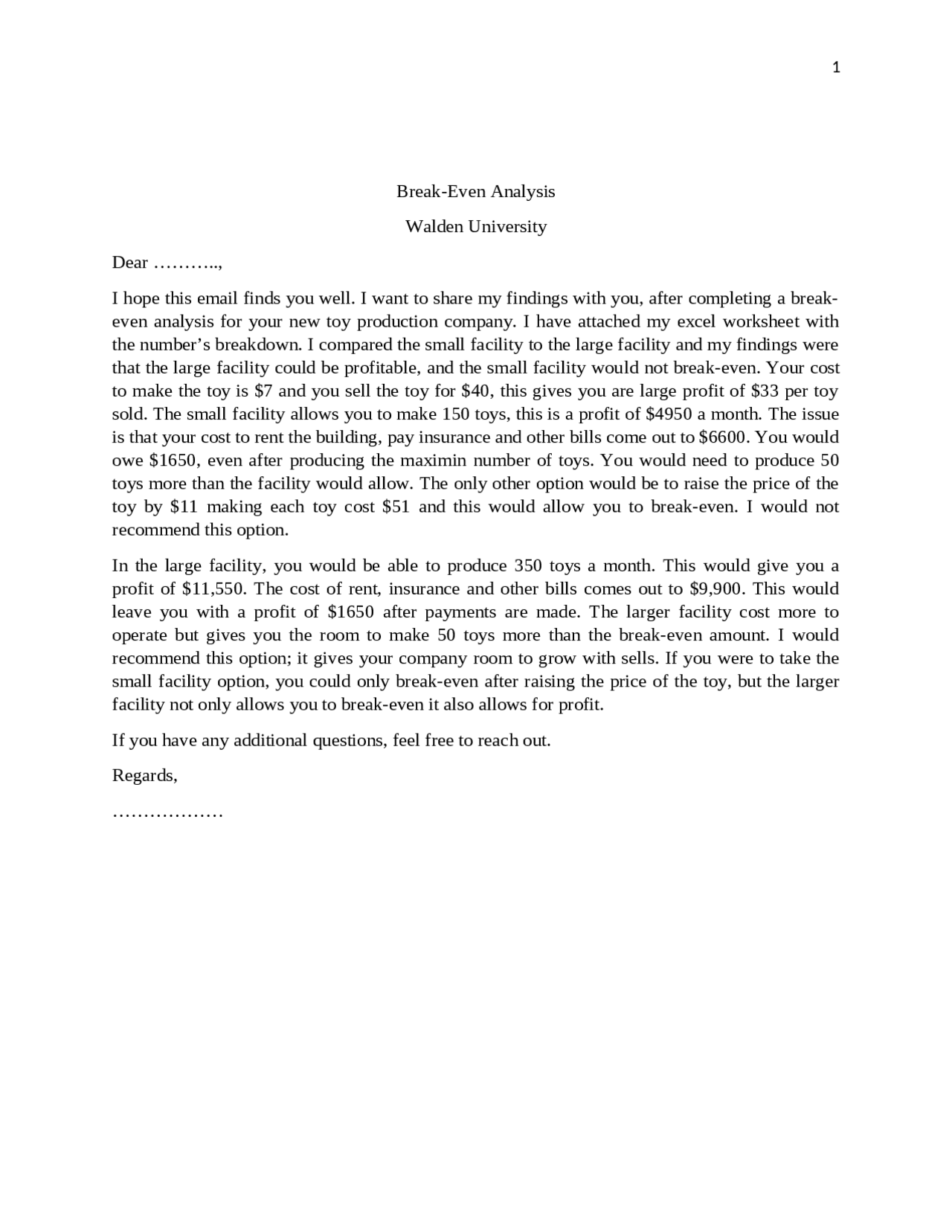 Break-Even Analysis: Toy Production Company | Thesis Advanced ...