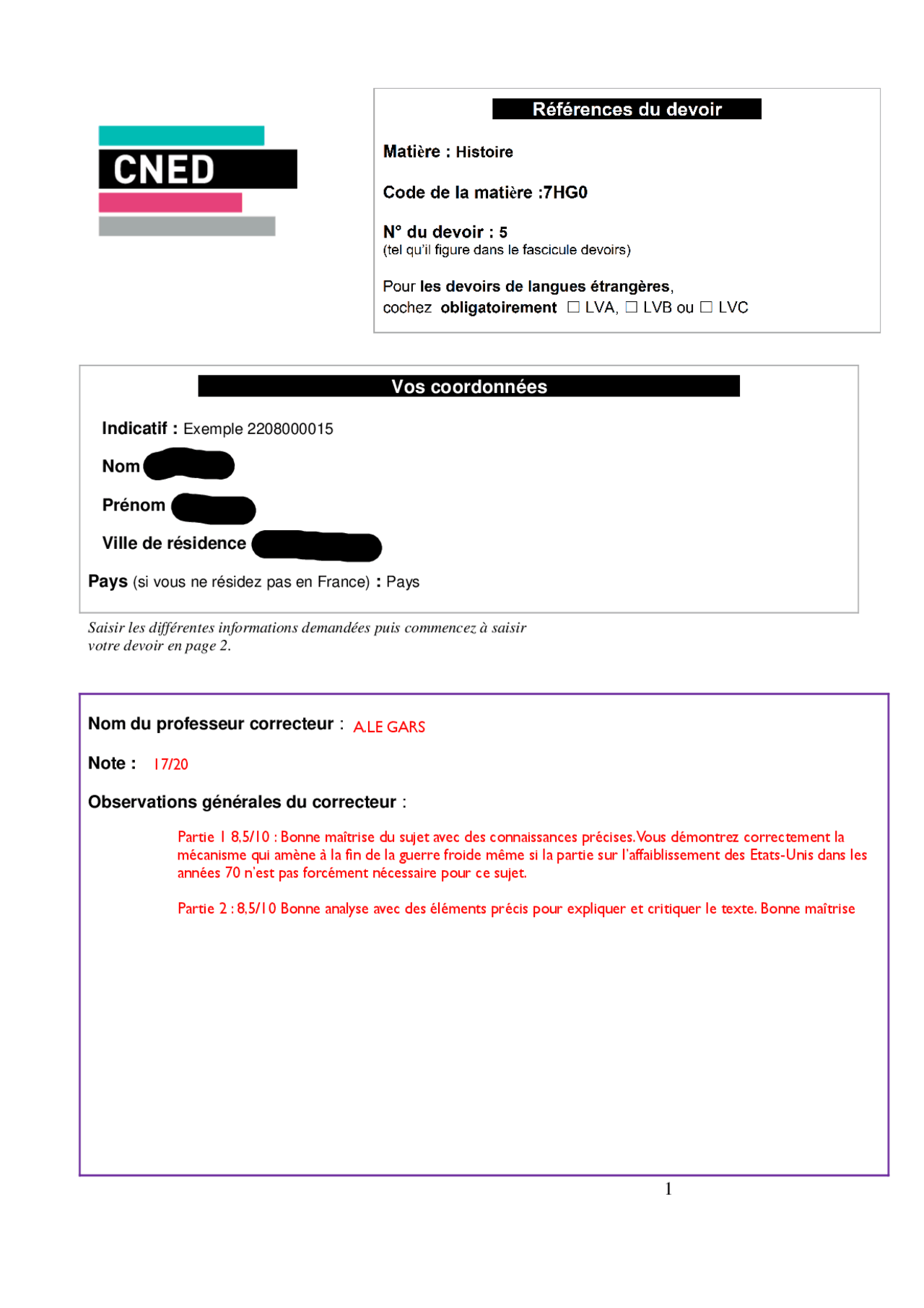 Devoir CNED n°5 corrigée | Dissertation Histoire | Docsity