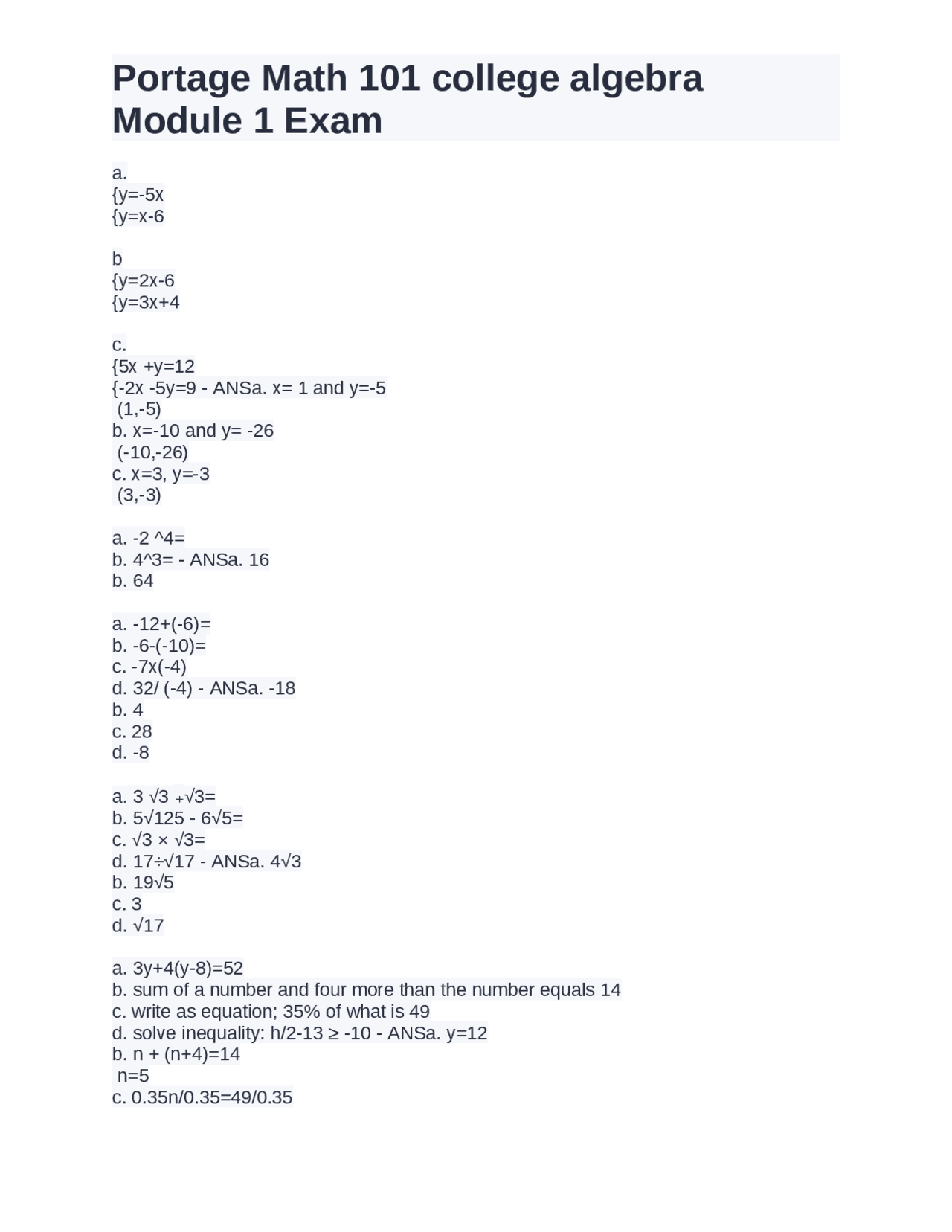 Portage Math 101 college algebra Module 1 Exam | Exams Mathematics ...