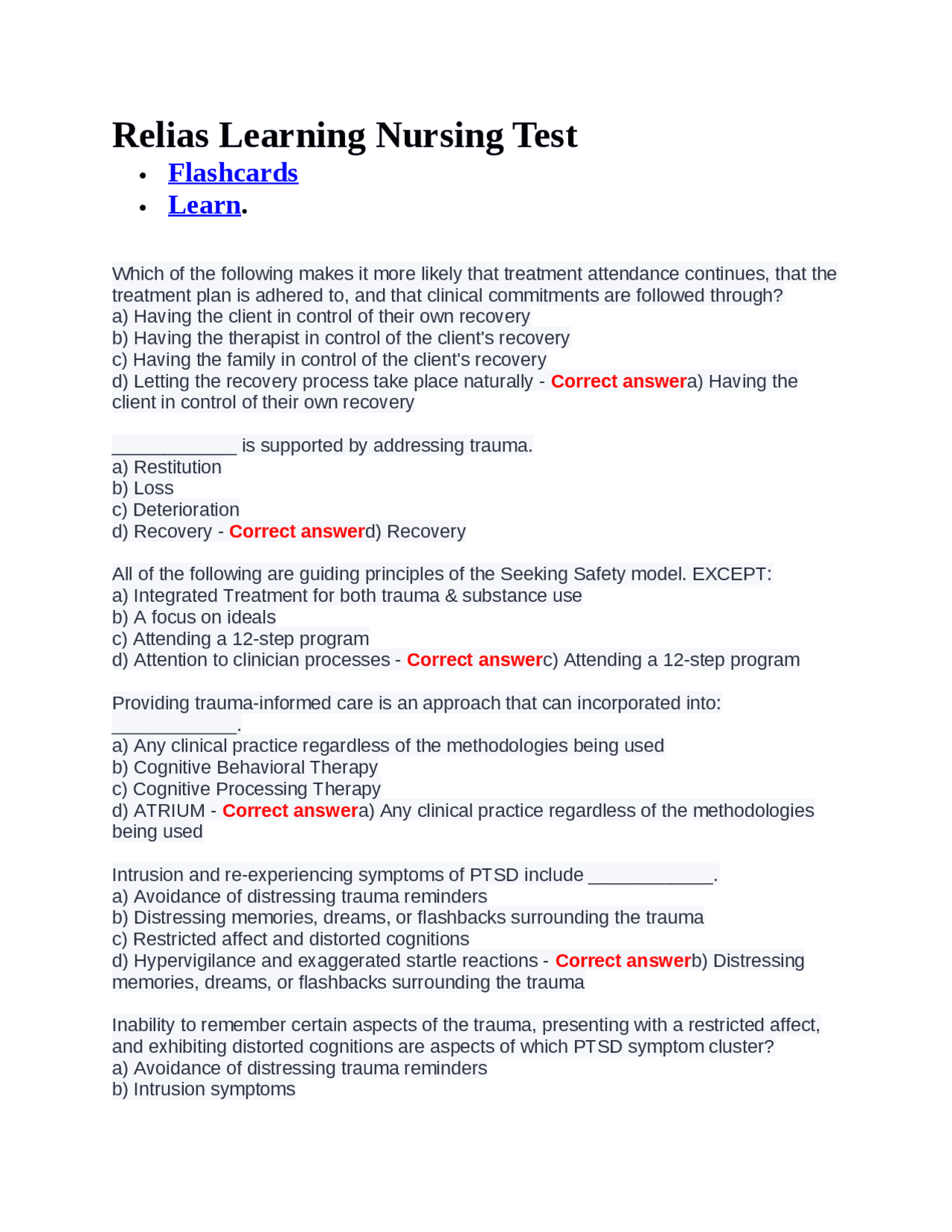 Relias Learning Nursing Test Flashcards Learn | Exams Nursing | Docsity