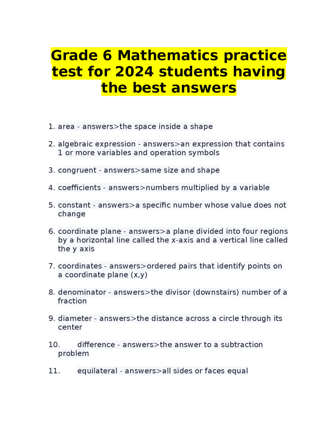 Grade 6 Mathematics practice test for 2024 students having the best ...