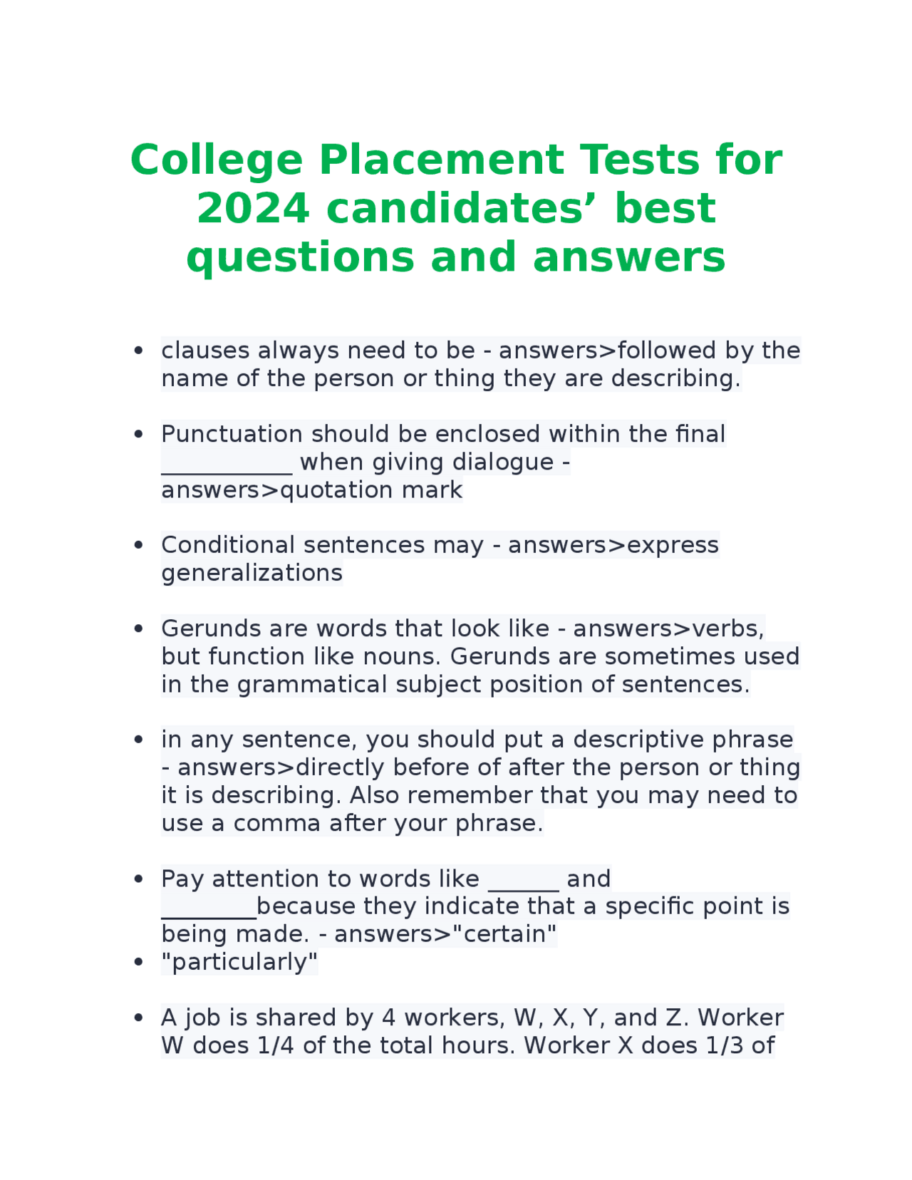 College Placement Tests for 2024 candidates’ best questions and answers ...