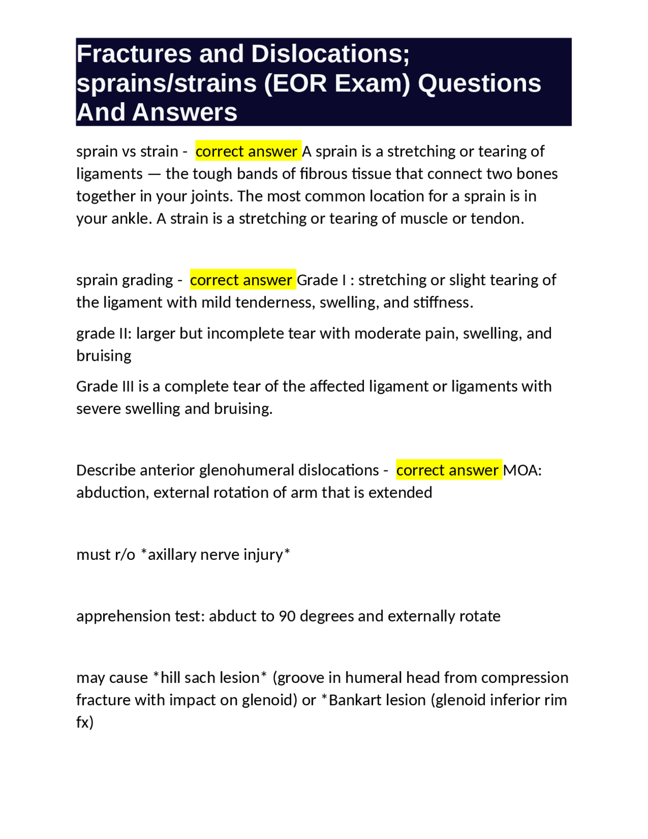 Fractures and Dislocations: Questions and Answers for EOR Exam | Exams ...