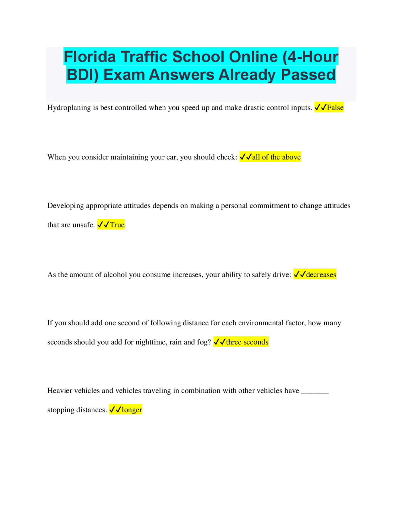 Florida Traffic School Online (4-Hour BDI) Exam Answers Already Passed ...