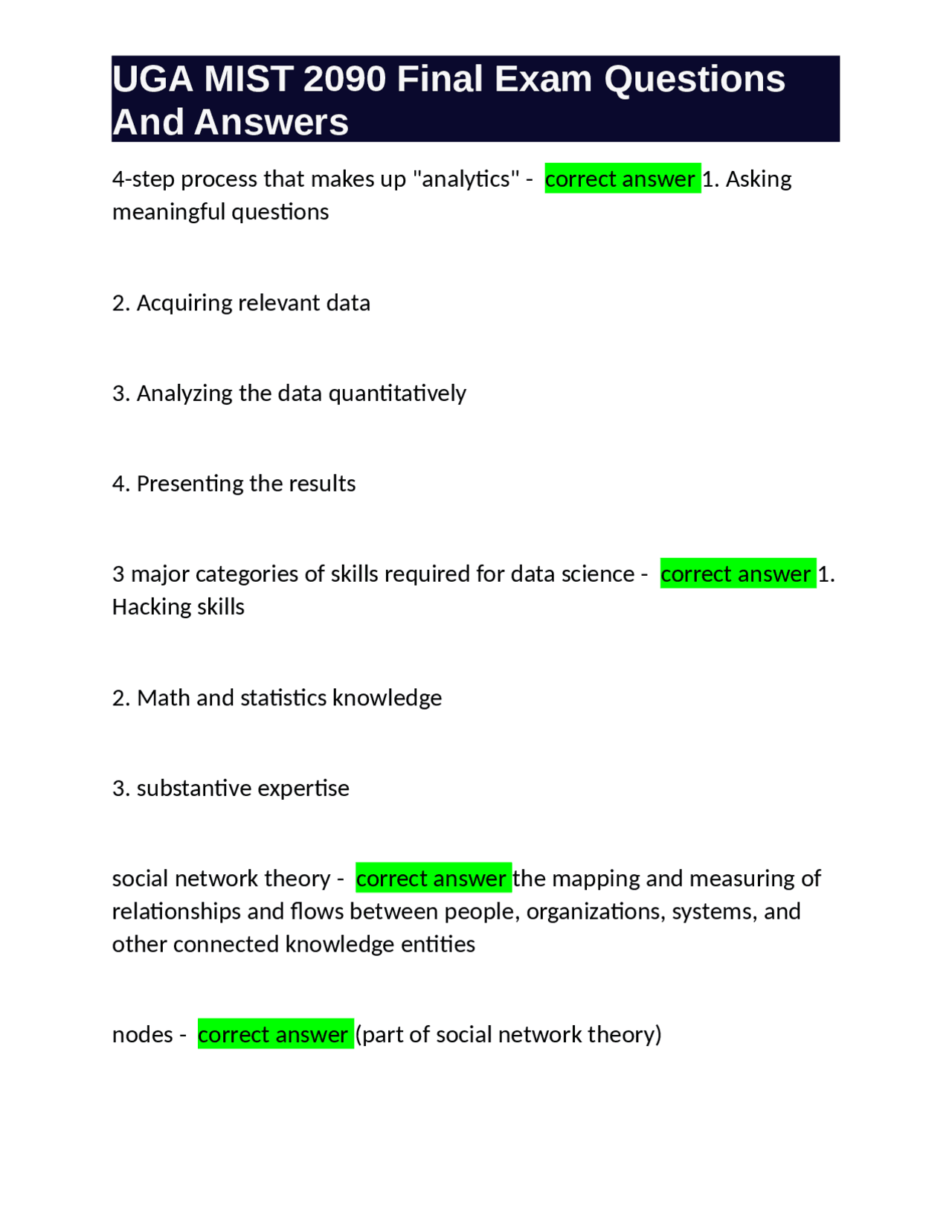 UGA MIST 2090 Final Exam Questions And Answers | Exams Advanced Data Analysis | Docsity