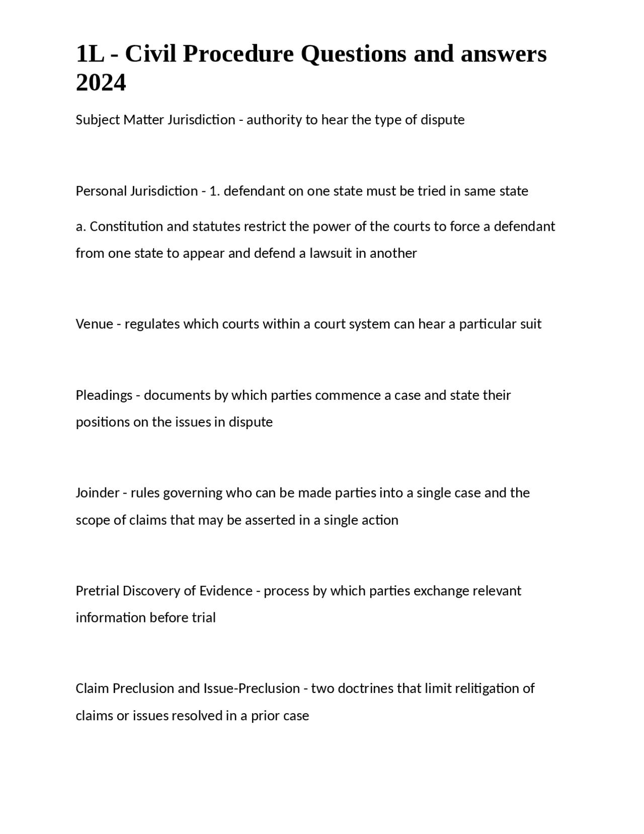 1l Civil Procedure Questions And Answers 2024 Exams Nursing Docsity