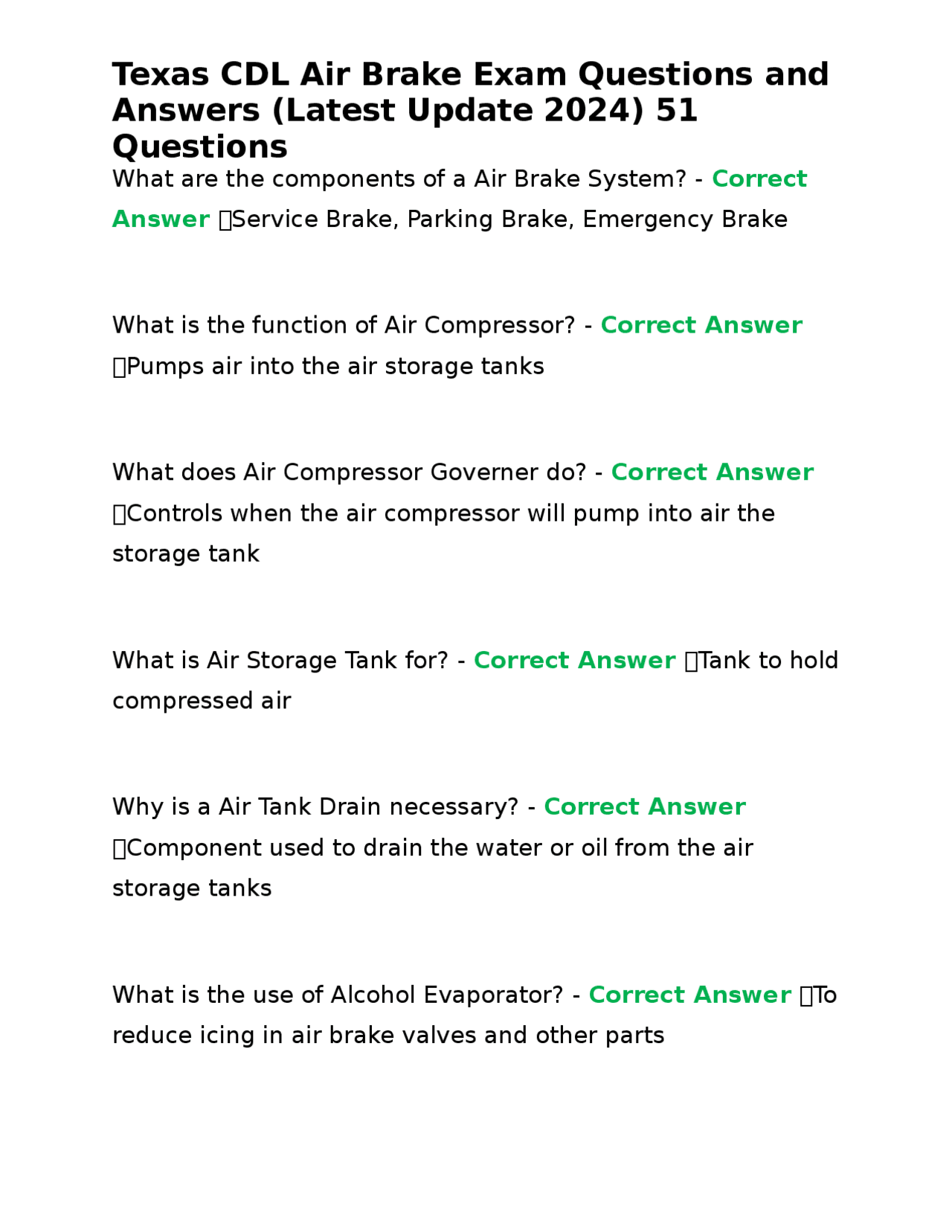 Texas CDL Air Brake Exam Questions and Answers (Latest Update 2024) 51 ...